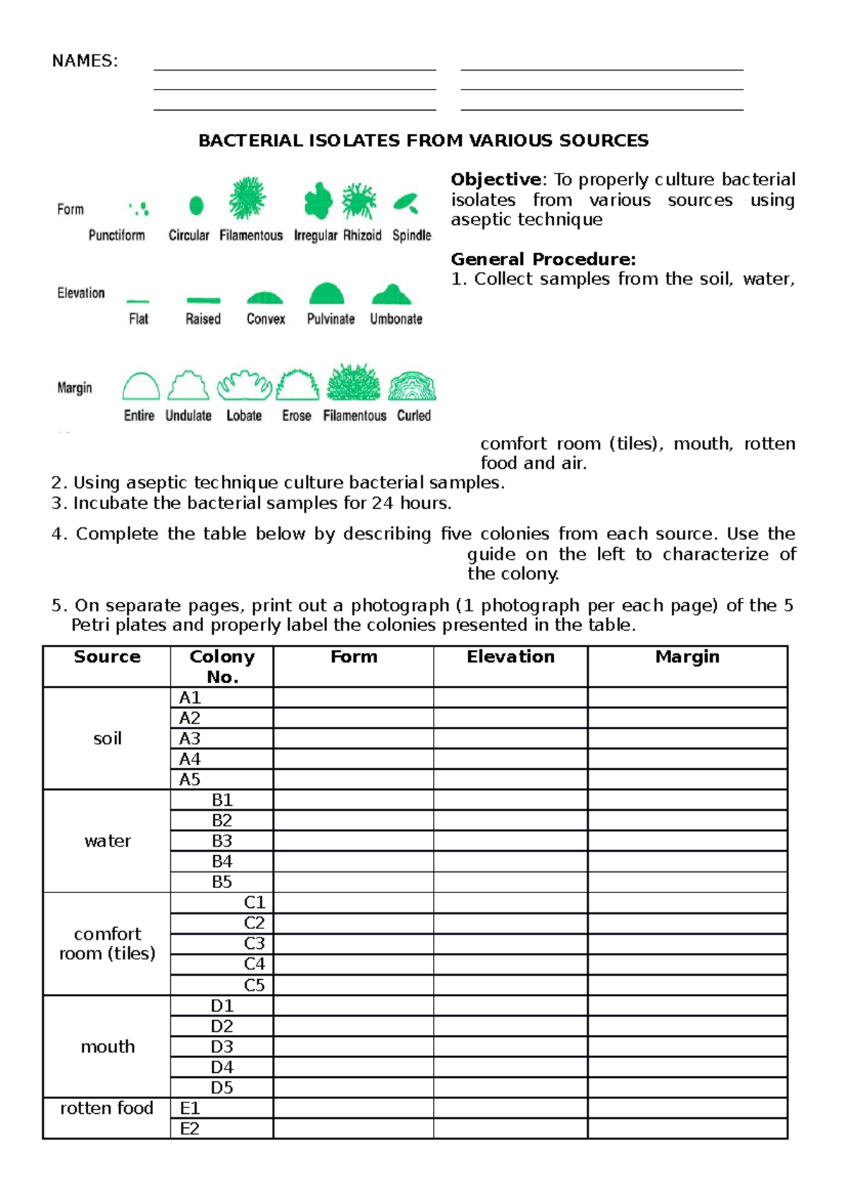 Bacterial culture activity - NAMES ...
