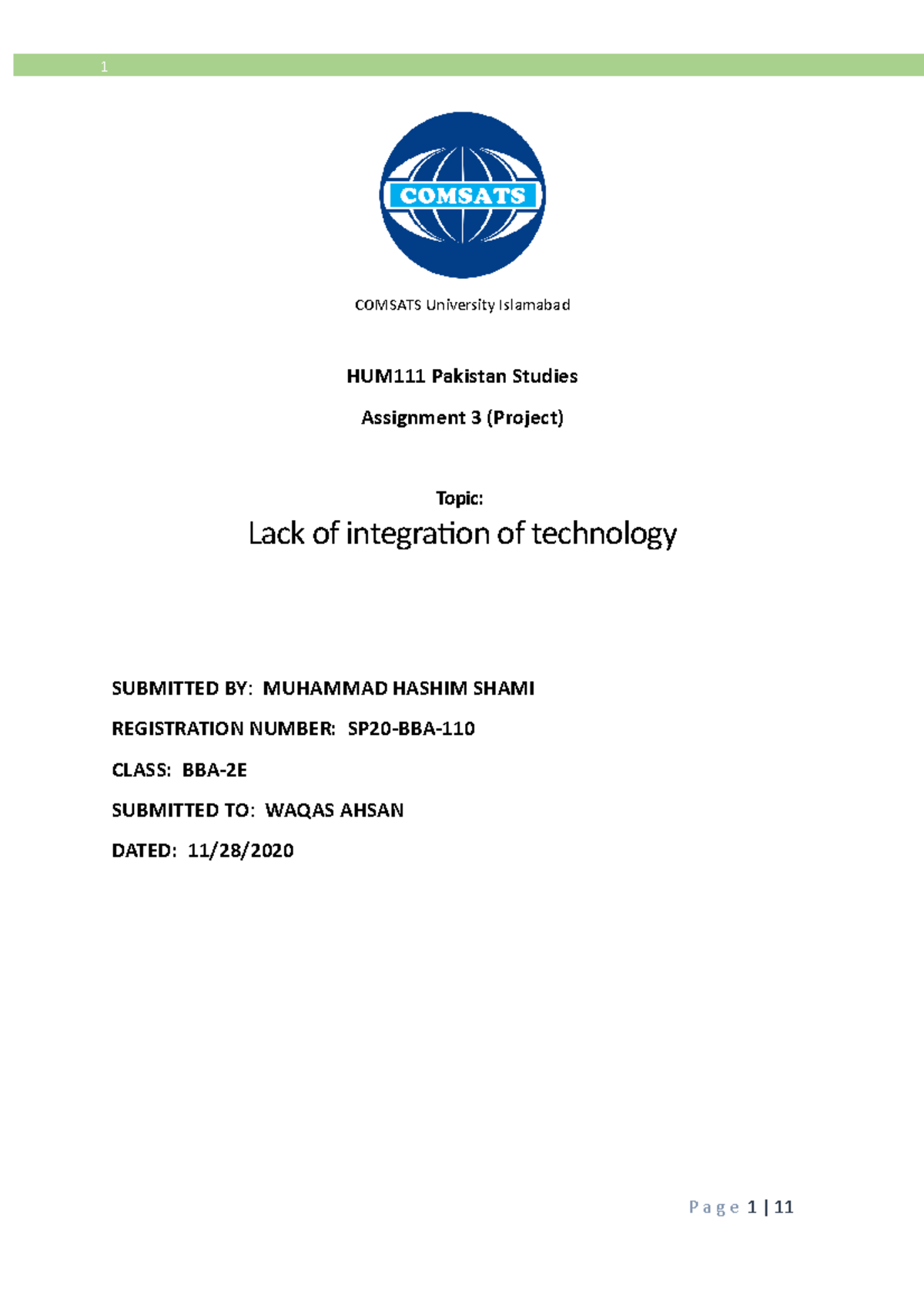 SP20-BBA-110 PAK Studies Project - COMSATS University Islamabad HUM111 ...