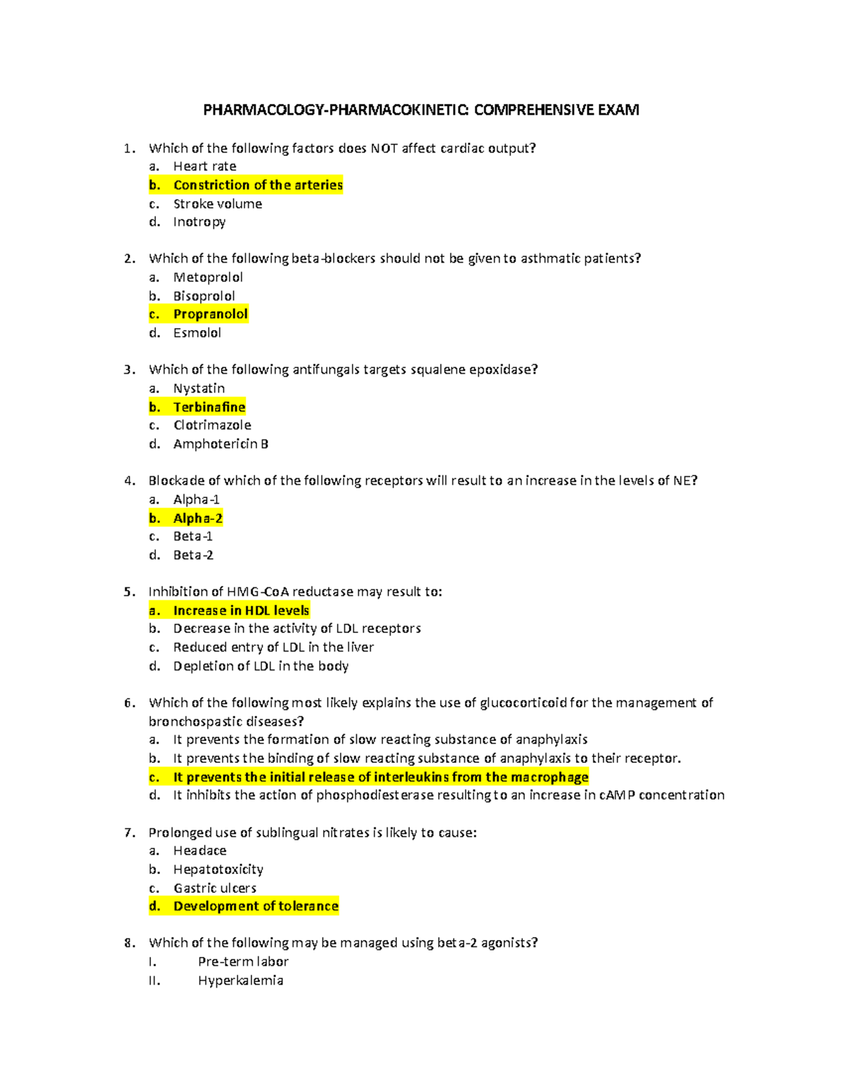 Pharmacology and Pharmacokinetic Comprehensive EXAM - PHARMACOLOGY ...