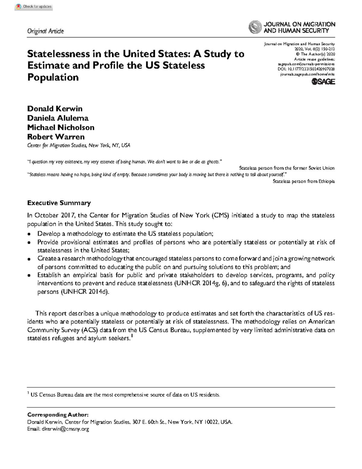 Donald Kerwin and Others, ‘Statelessness in the United States ...