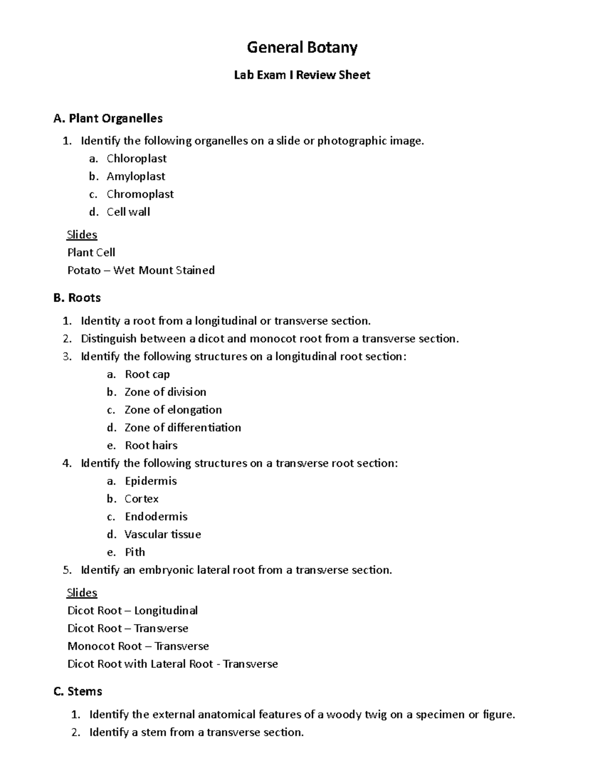 Lab Exam I Review Sheet - Stern’s Introductory Plant Biology by James E ...