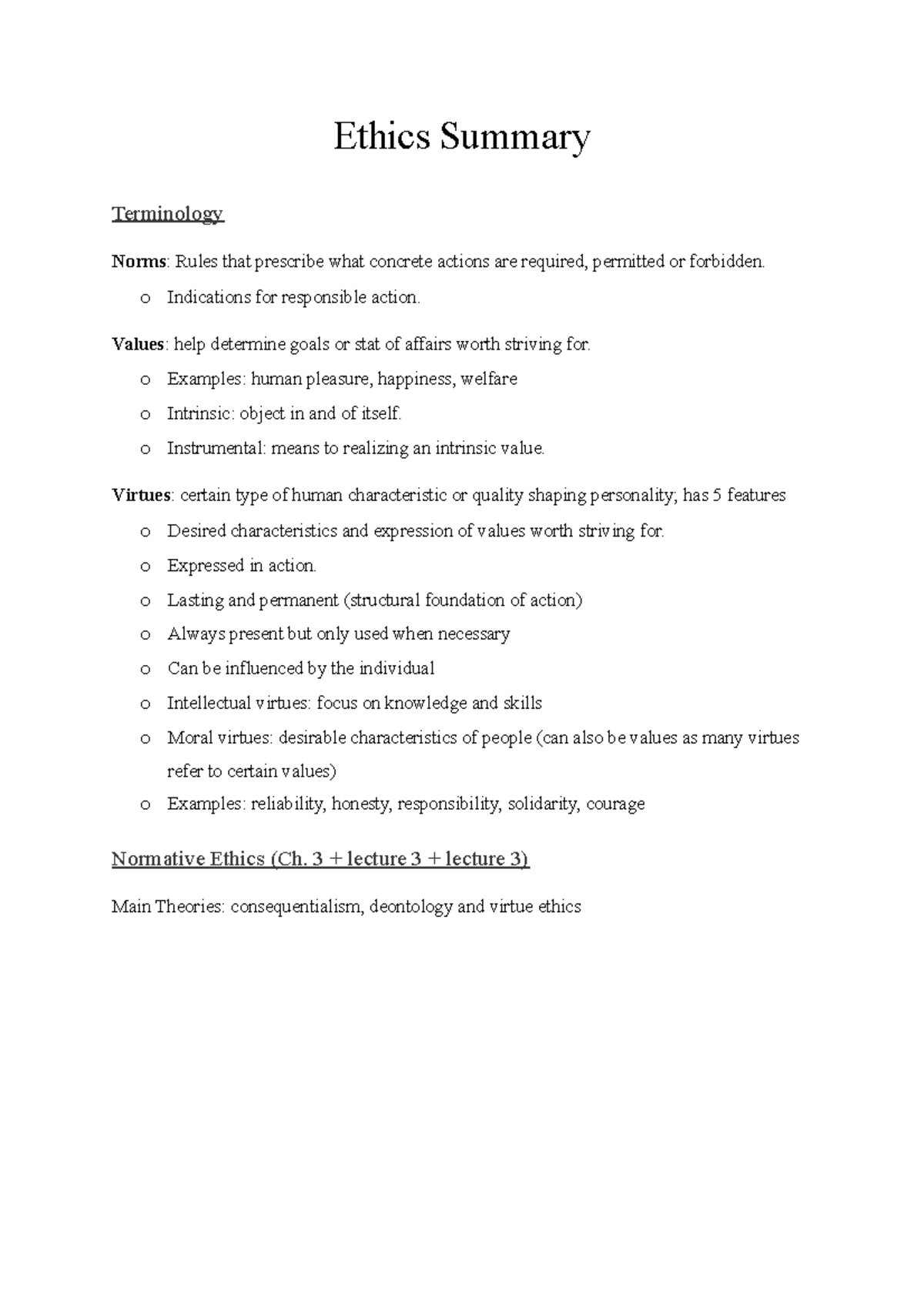 Ethics Summary - Ethics Summary Terminology Norms : Rules that ...