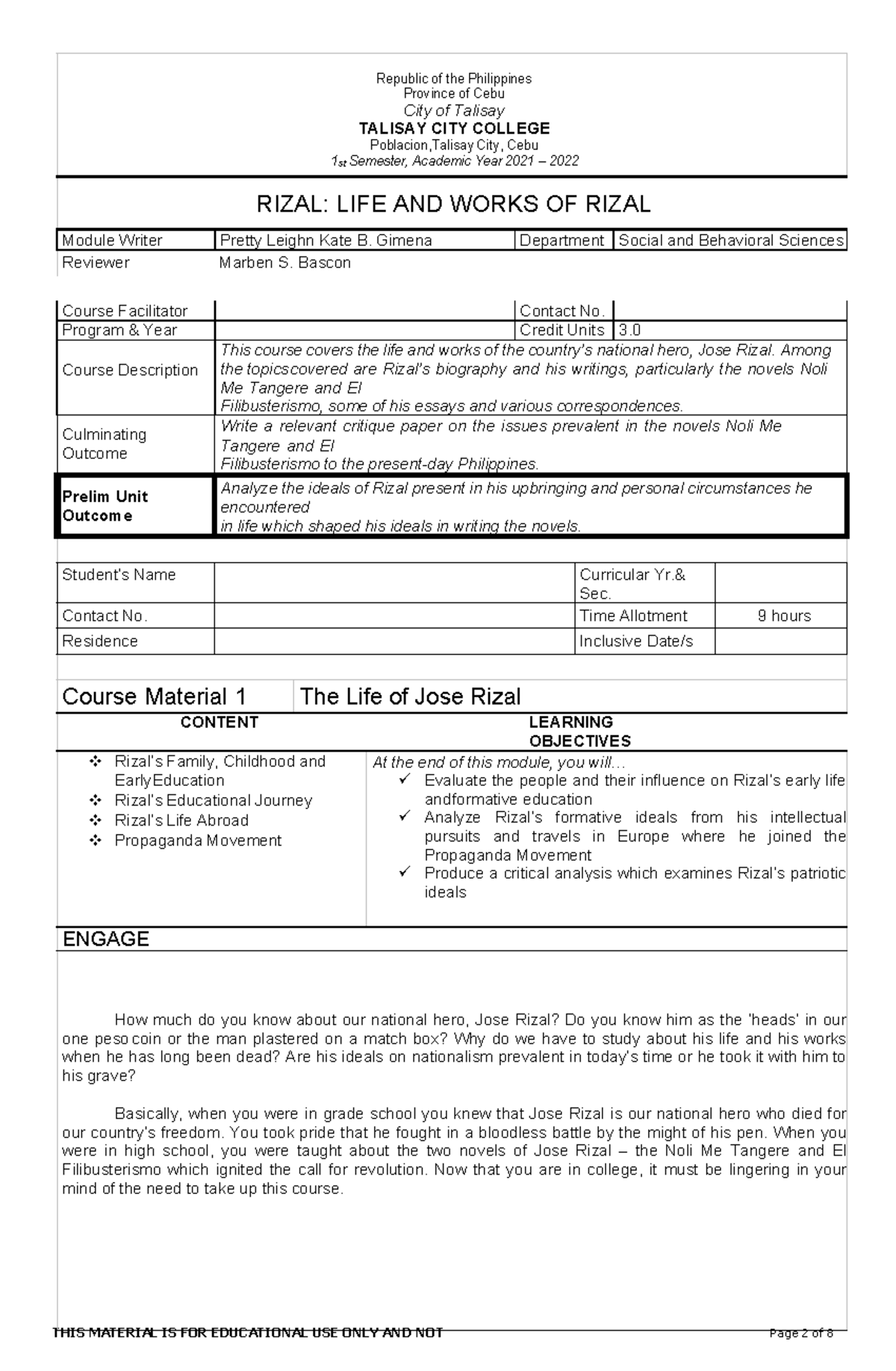 Life Of Rizal and His Works - Republic of the Philippines Province of ...