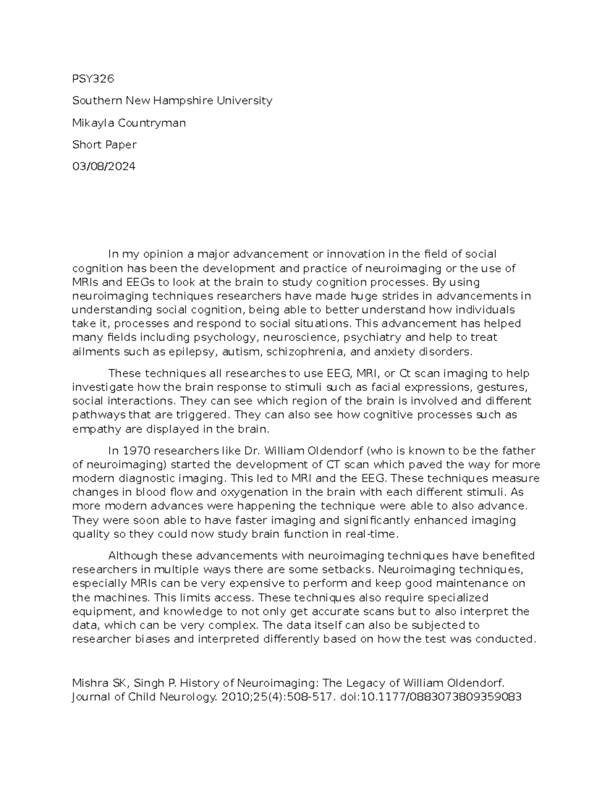 Psy 326 week one short paper - PSY Southern New Hampshire University ...