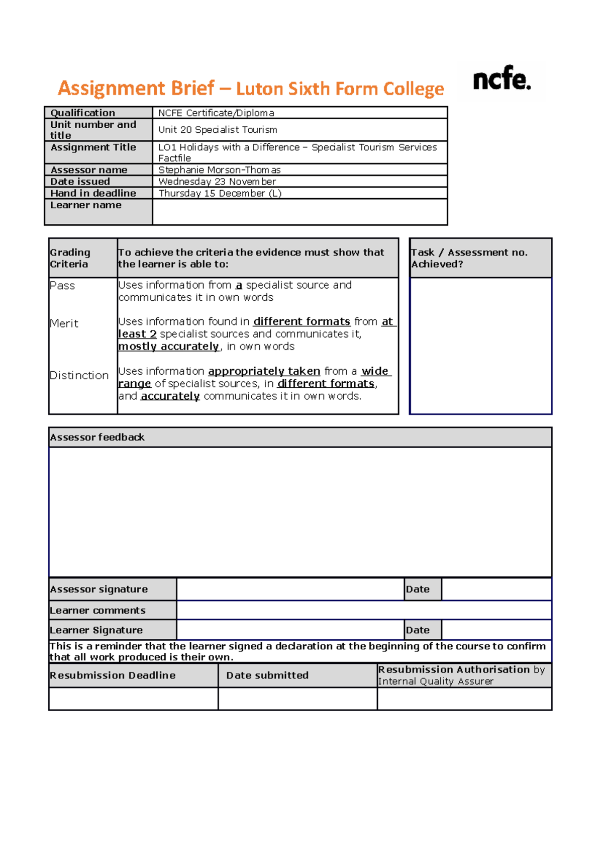 U20 LO1 Assignment Front Sheet (2) - Assignment Brief – Luton Sixth Form College Qualification ...