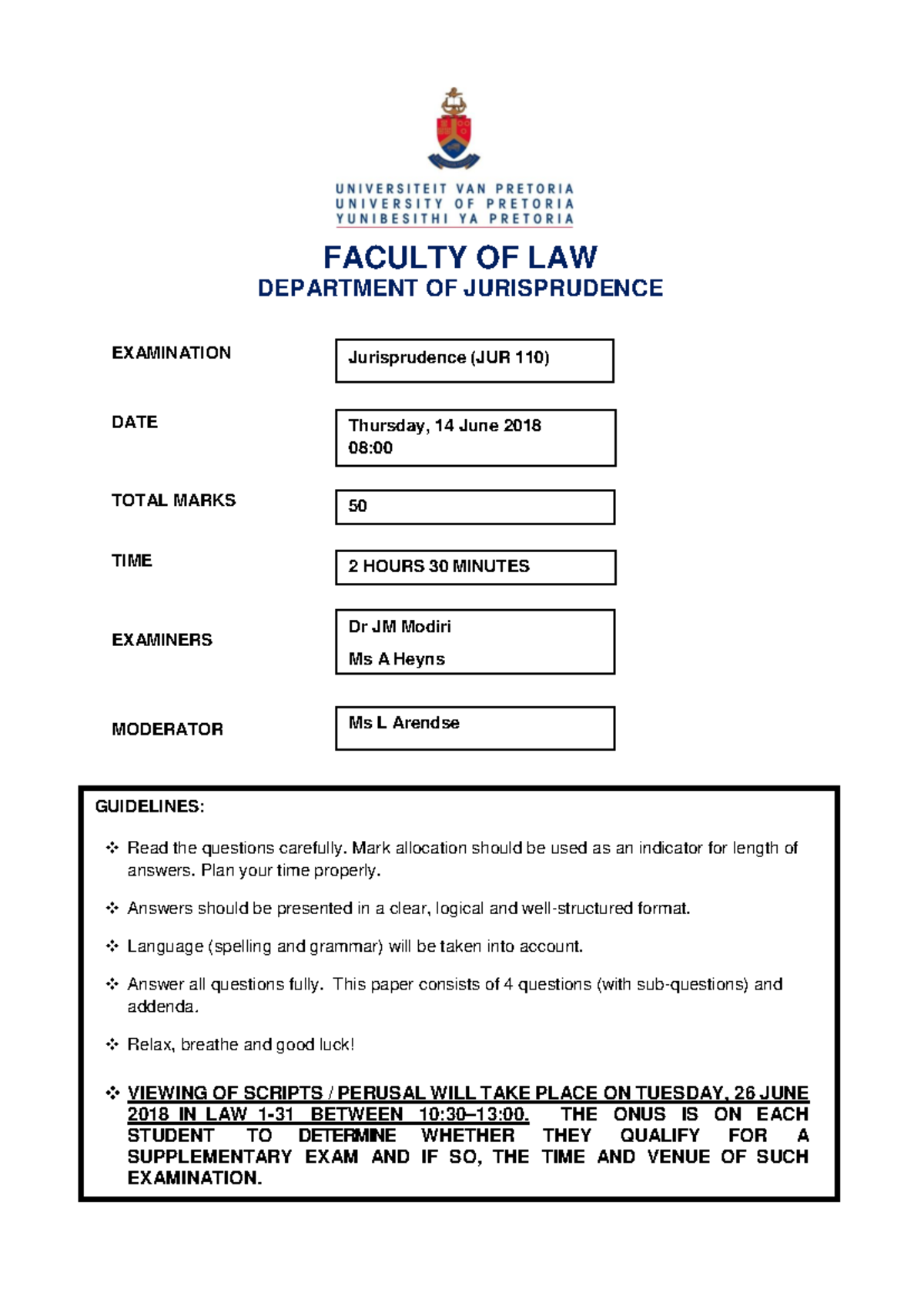 JUR 110 Exam Jun 2018 - EXAMINATION DATE TOTAL MARKS TIME EXAMINERS ...