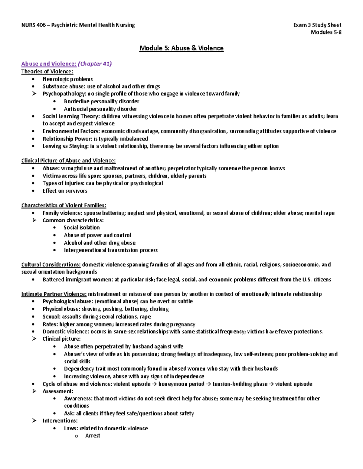 NURS 406 Exam 3 Study Guide - NURS 406 – Psychiatric Mental Health ...