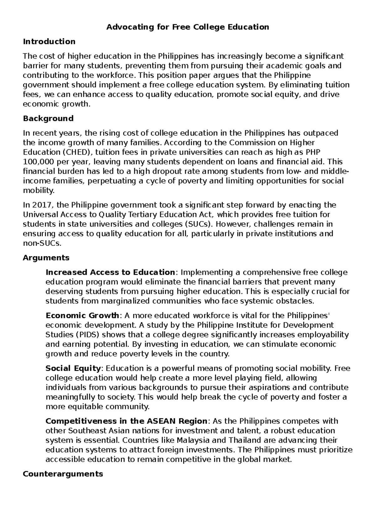 Position- Paper- Example - Advocating for Free College Education ...