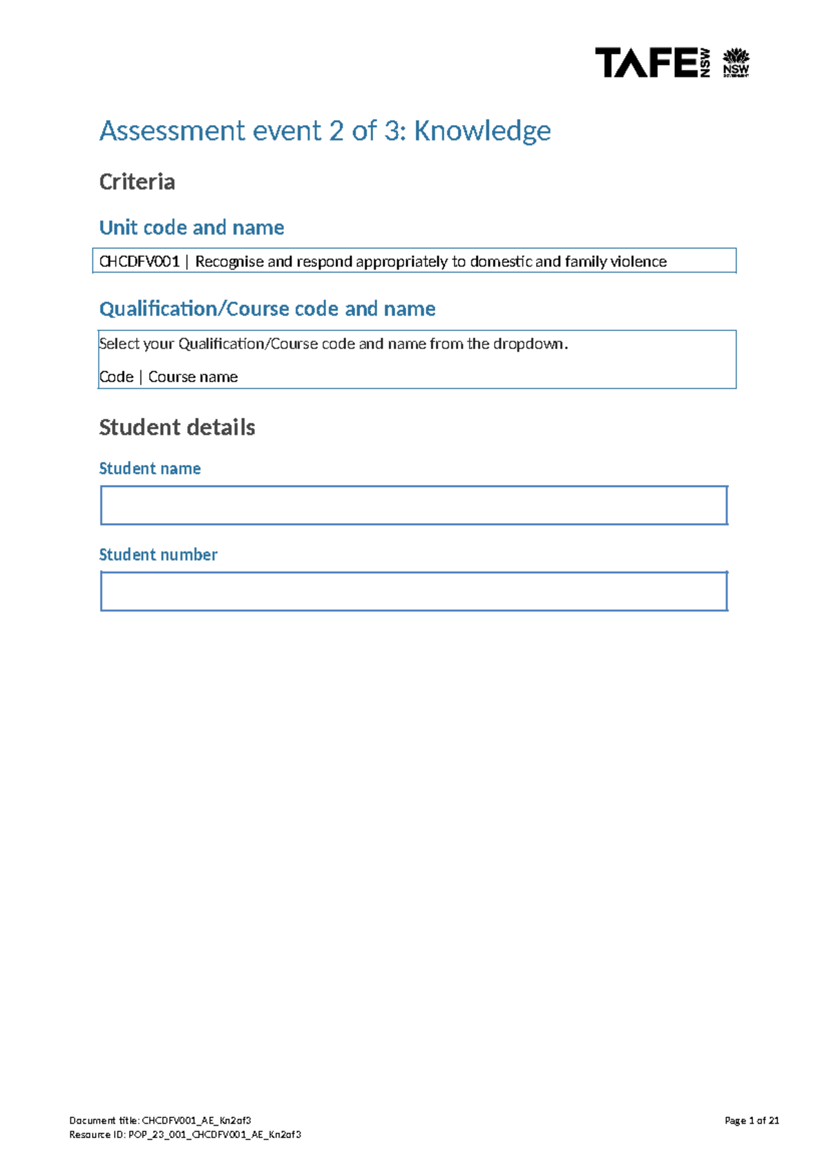Chcdfv 001 AE Kn2of3 - Assesment document - Assessment event 2 of 3: Knowledge Criteria Unit ...