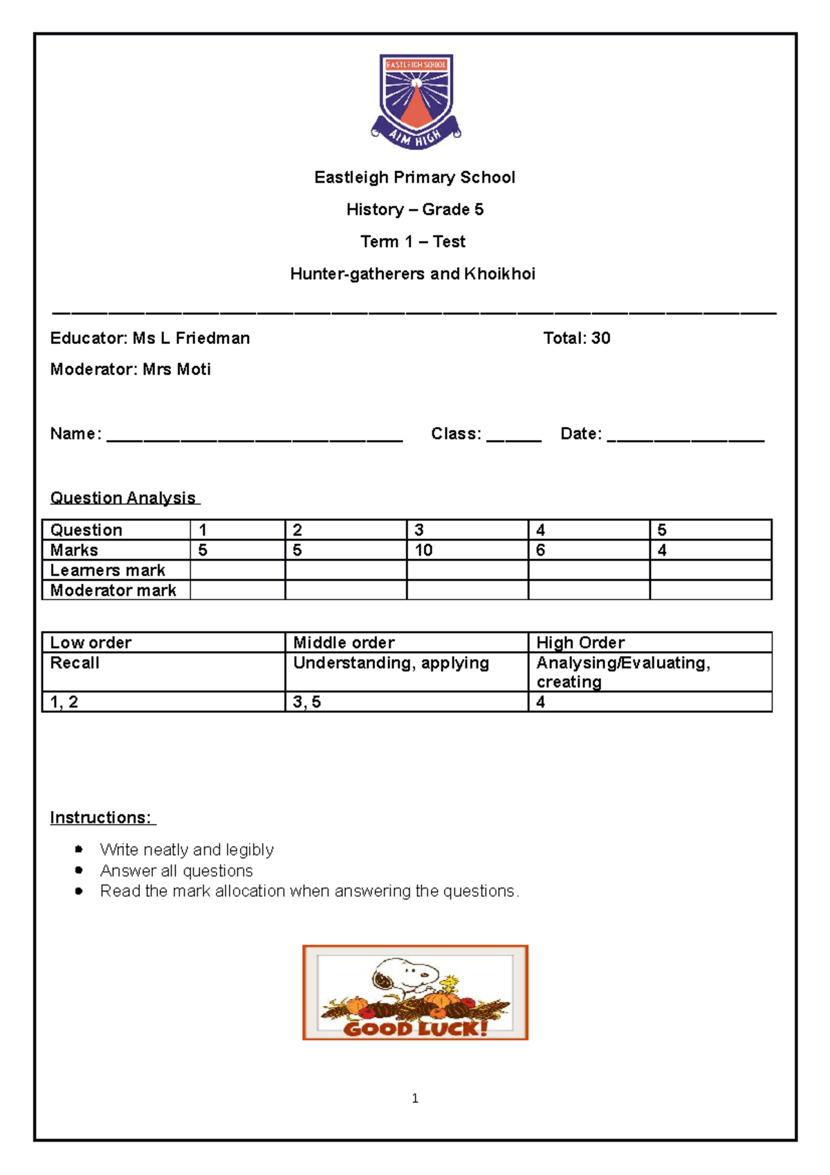 Hist Gr 5 Term 1 Test Examples Of Tests Eastleigh Primary School