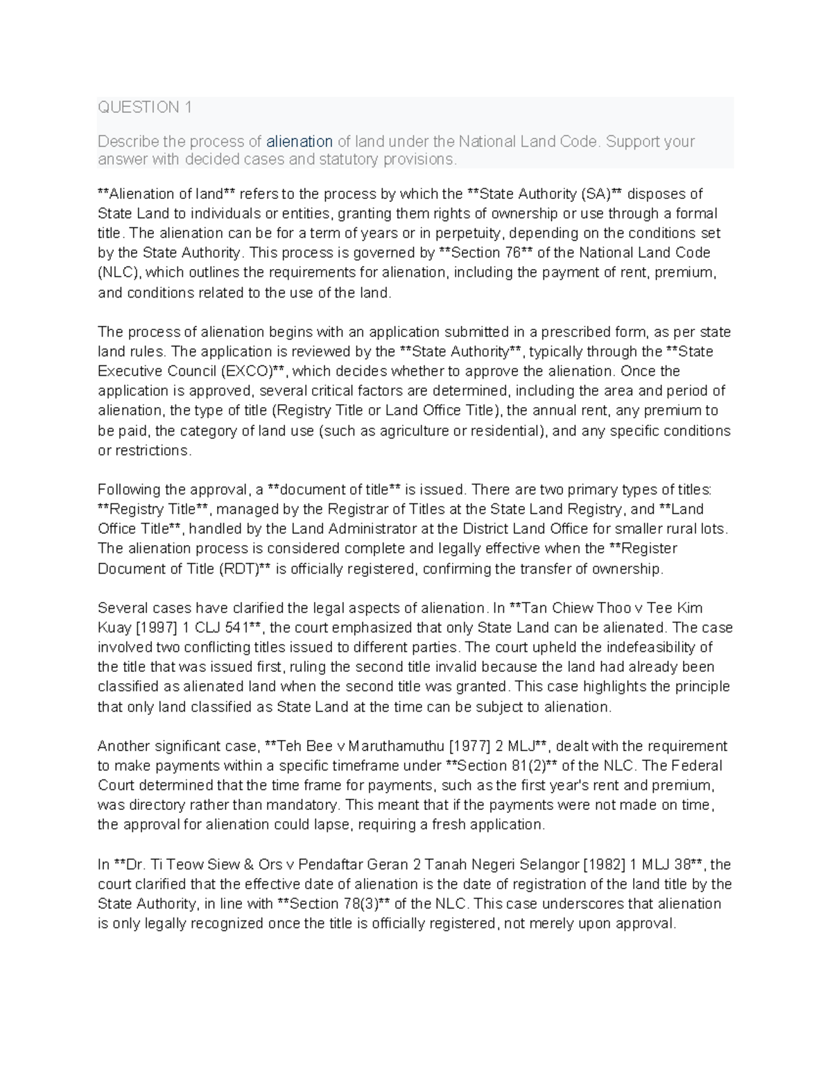 LAND LAW TUTO 4 - Alienation - QUESTION 1 Describe the process of ...