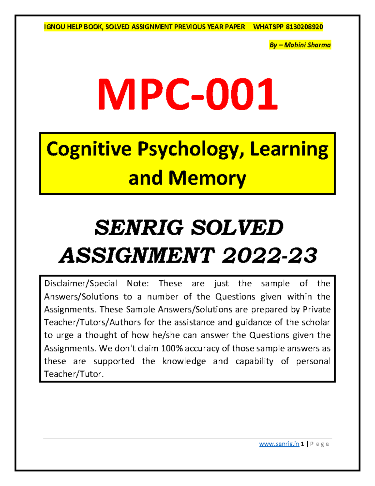 MPC 001 2022-23 - By – Mohini Sharma MPC- Cognitive Psychology, Learning and Memory SENRIG ...