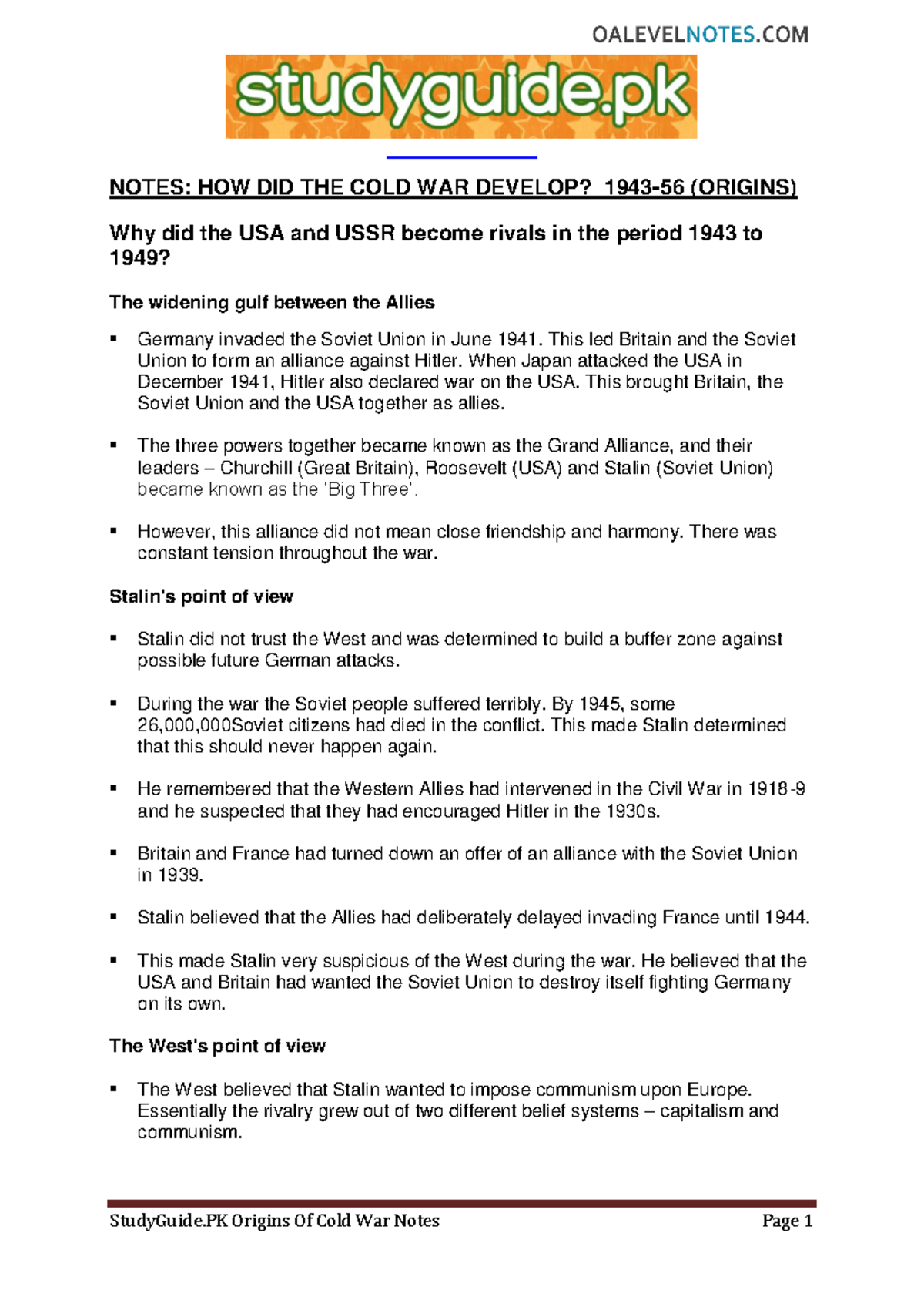 Cold war - cold wat - NOTES: HOW DID THE COLD WAR DEVELOP? 1943-56 ...