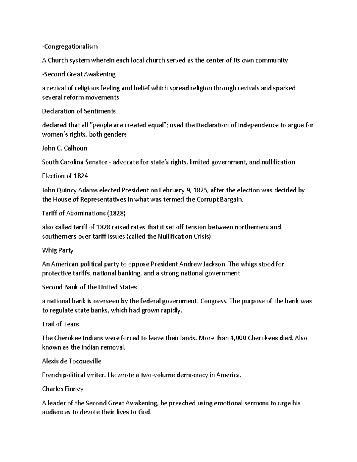 HIST OF THE US to 1877 Exam 2 notes -Congregationalism A Church system ...