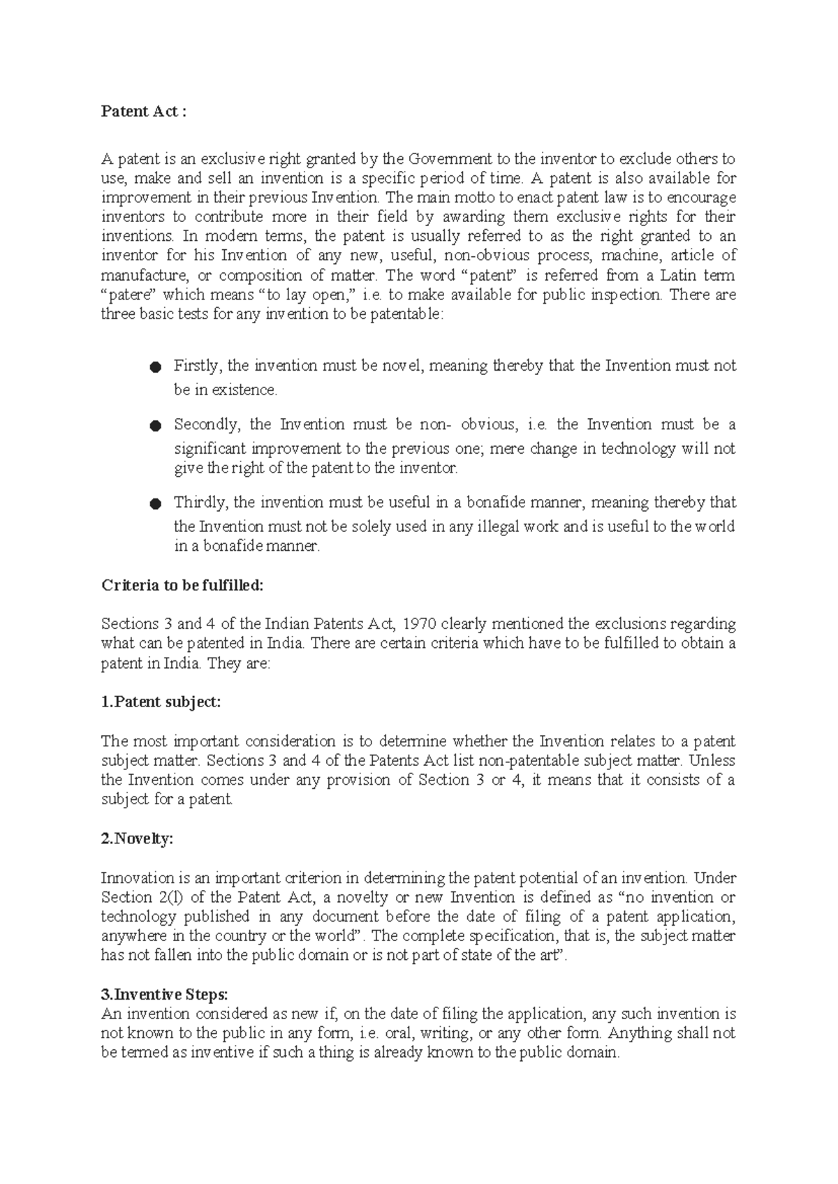 Patent act notes - about patenets - Patent Act : A patent is an ...