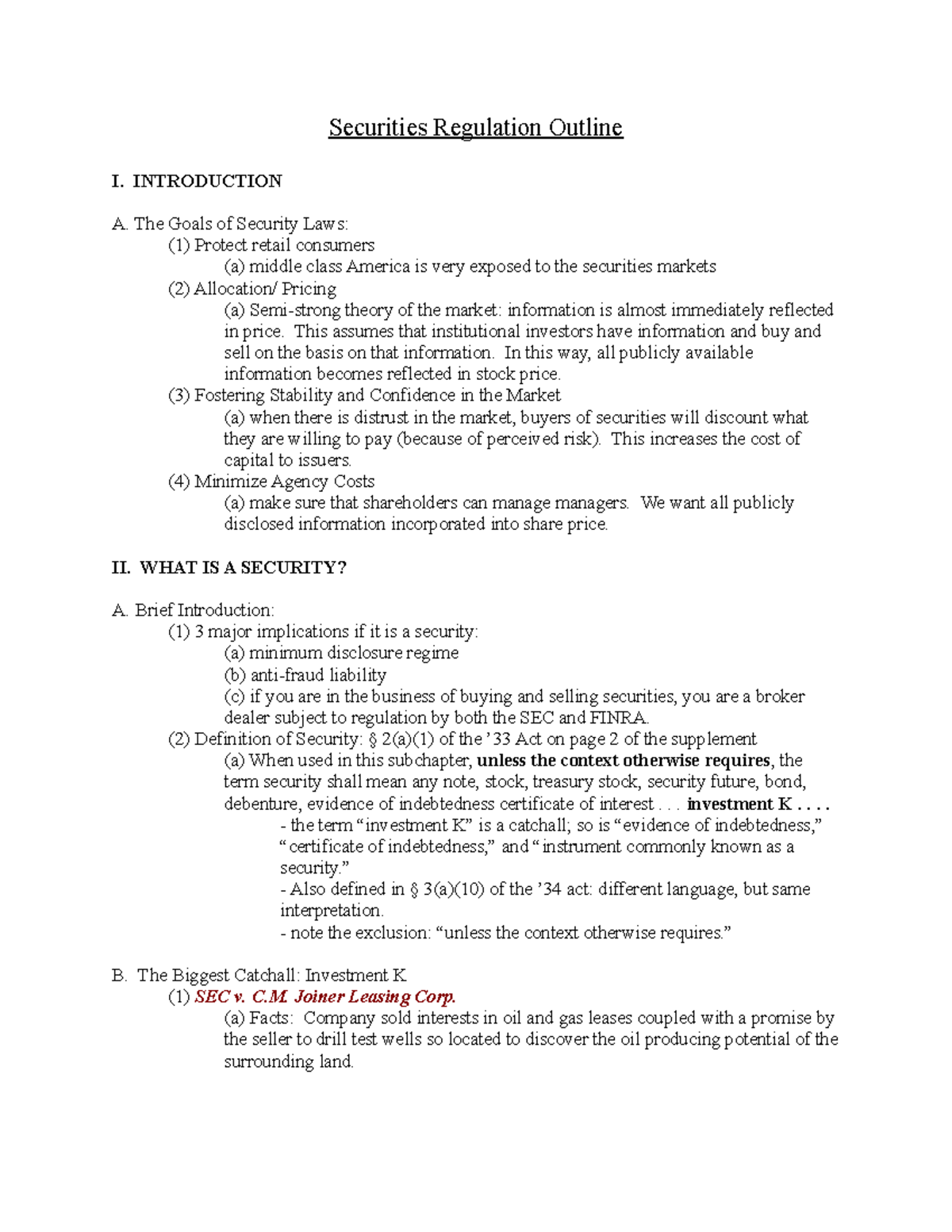 Sec Reg Outline-3 - Lecture notes all - Securities Regulation Outline I ...