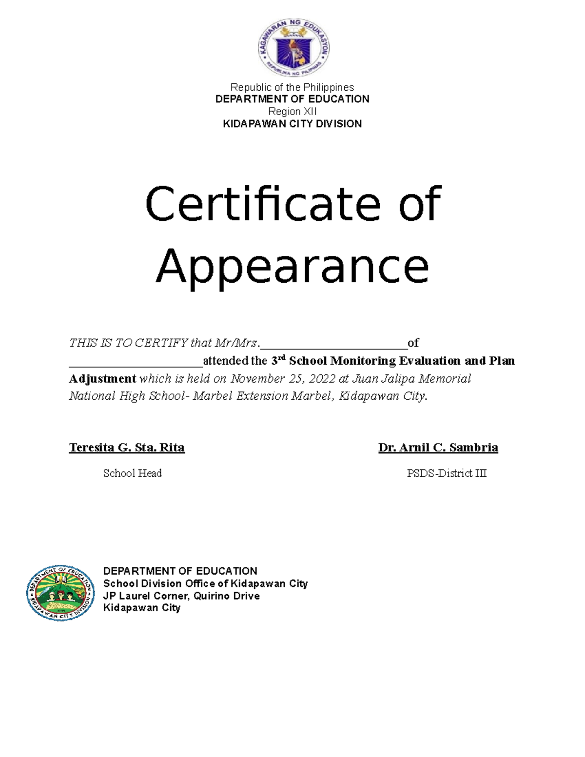 Certificates - + Republic of the Philippines DEPARTMENT OF EDUCATION ...