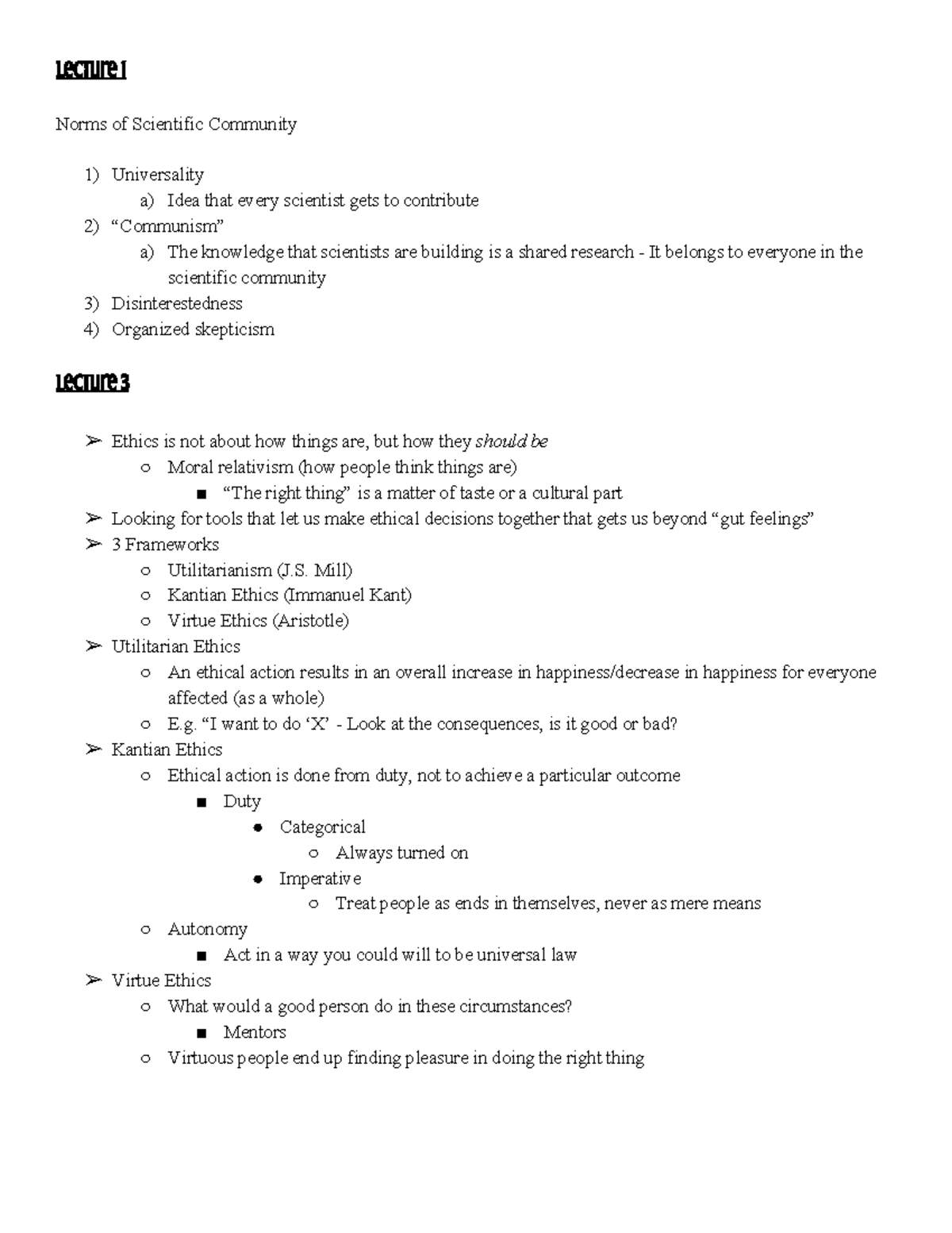 PHIL 133 Notes Lectures 1-4 - Lecture 1 Norms of Scientific Community ...