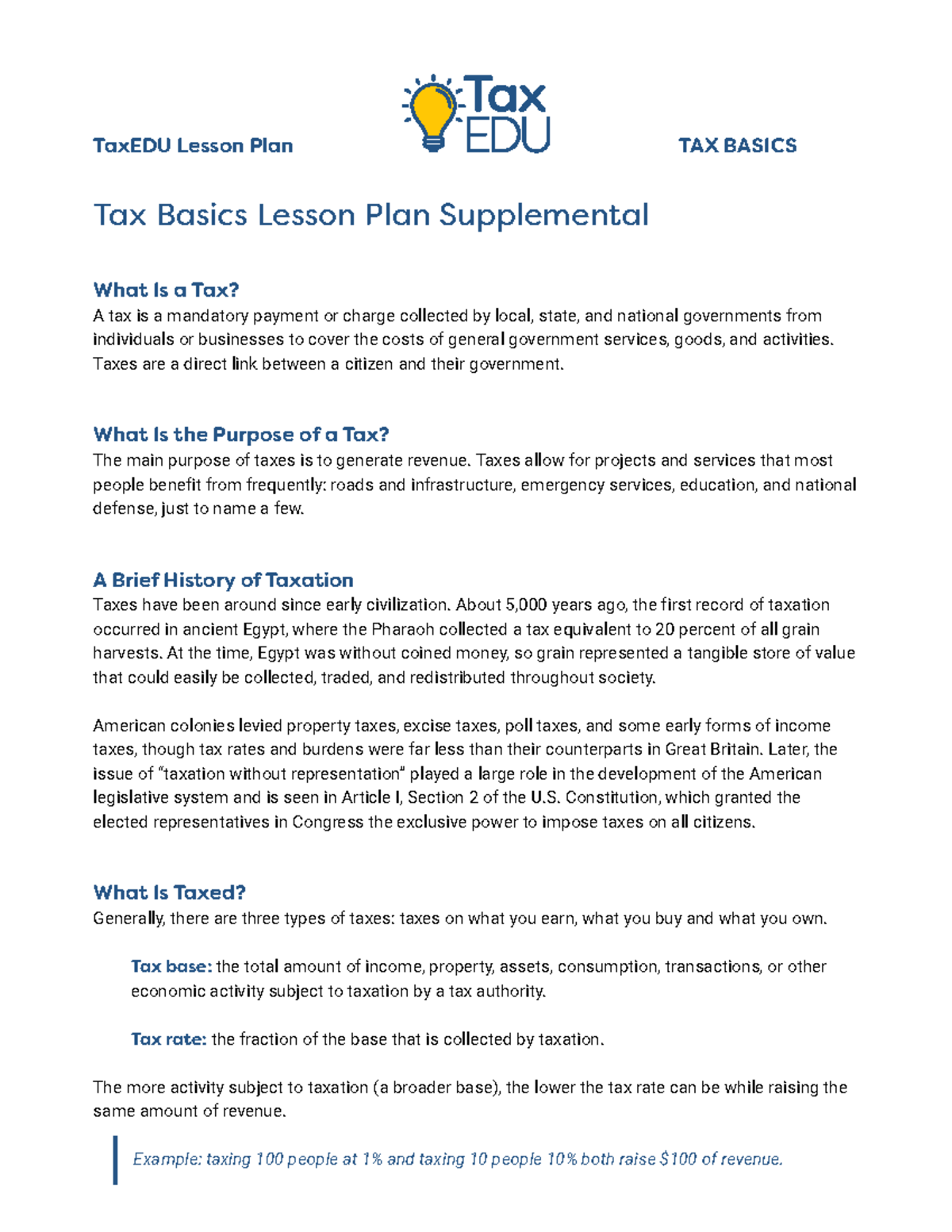 Tax Basics - Tax - TaxEDU Lesson Plan TAX BASICS Tax Basics Lesson Plan ...