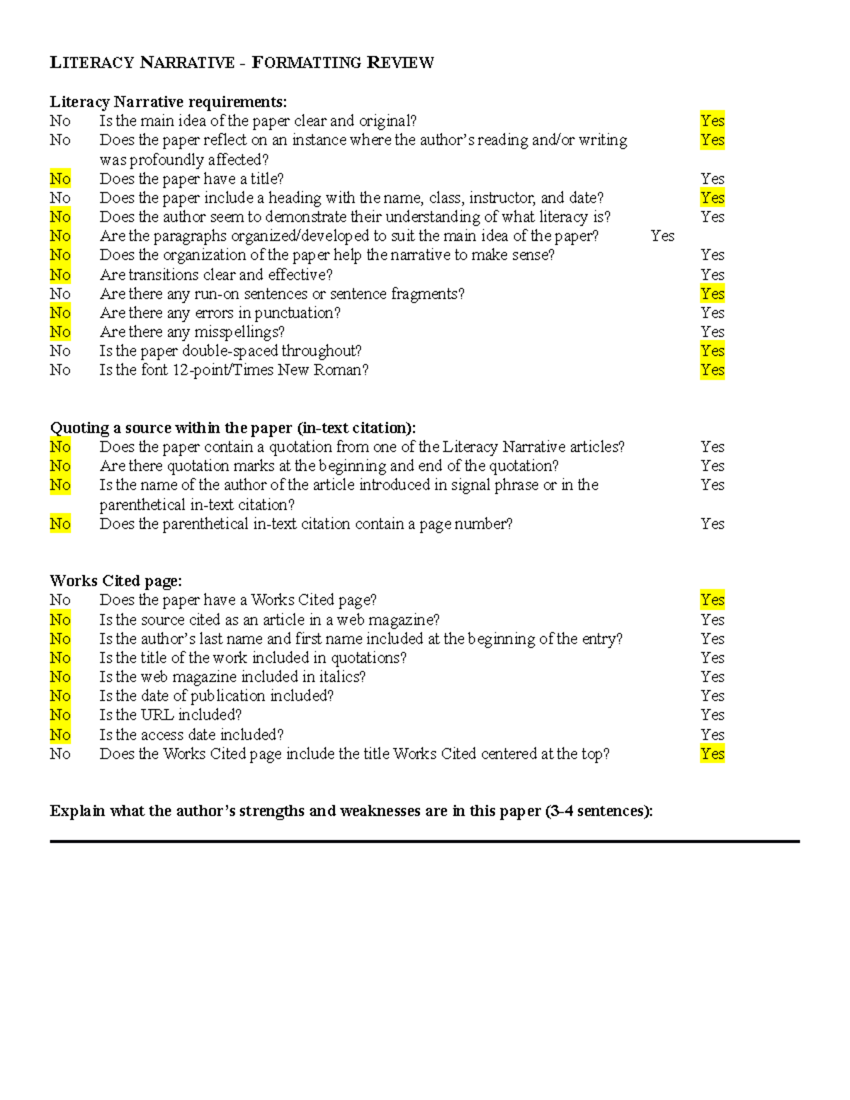 Self-Review Checklist - LITERACY NARRATIVE - FORMATTING REVIEW Literacy ...