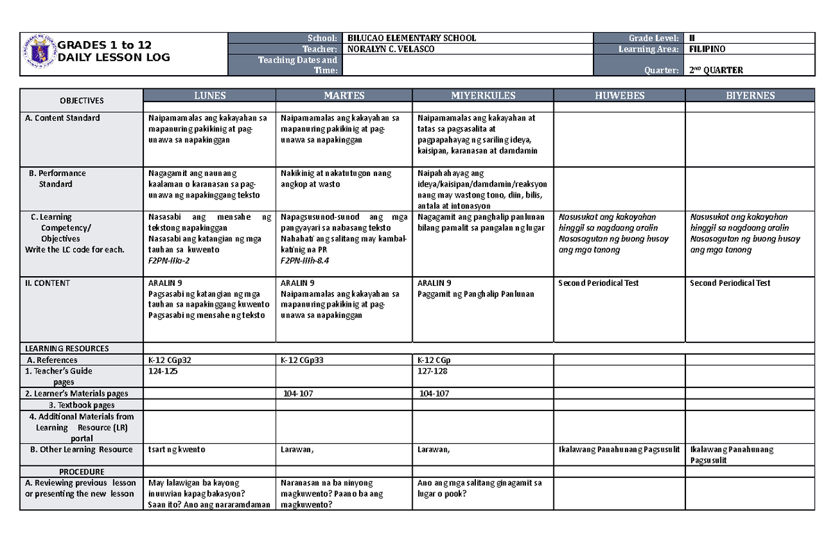 DLL Filipino 2 Q2 W10 - LESSON PLAN - GRADES 1 to 12 DAILY LESSON LOG ...