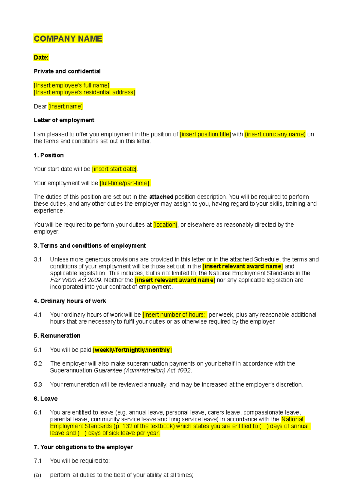 Sample contract types of employment contracts - COMPANY NAME Date ...