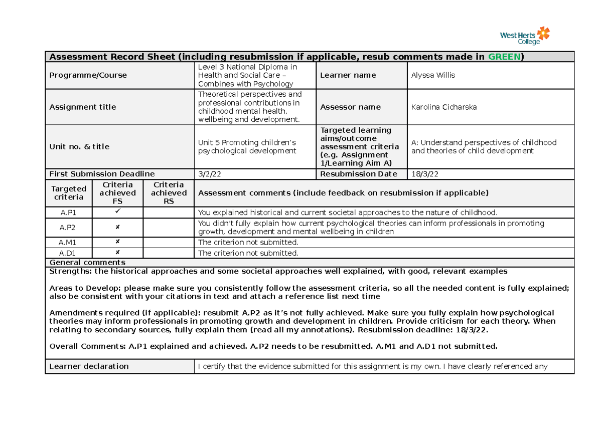Feedback Sheet Yes Assessment Record Sheet including Resubmission If feedback-sheet-yes-assessment-record-sheet-including-resubmission-if