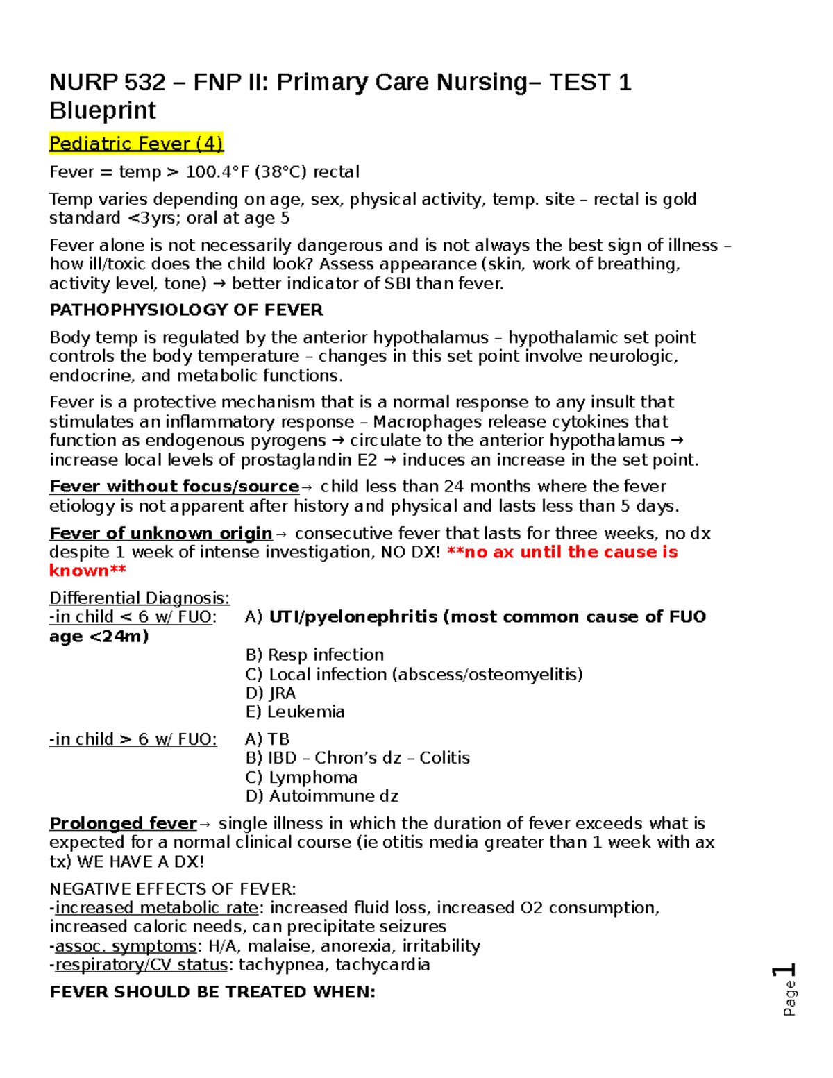 NURP 530 Test 1 blueprint - NURP 532 – FNP II: Primary Care Nursing ...