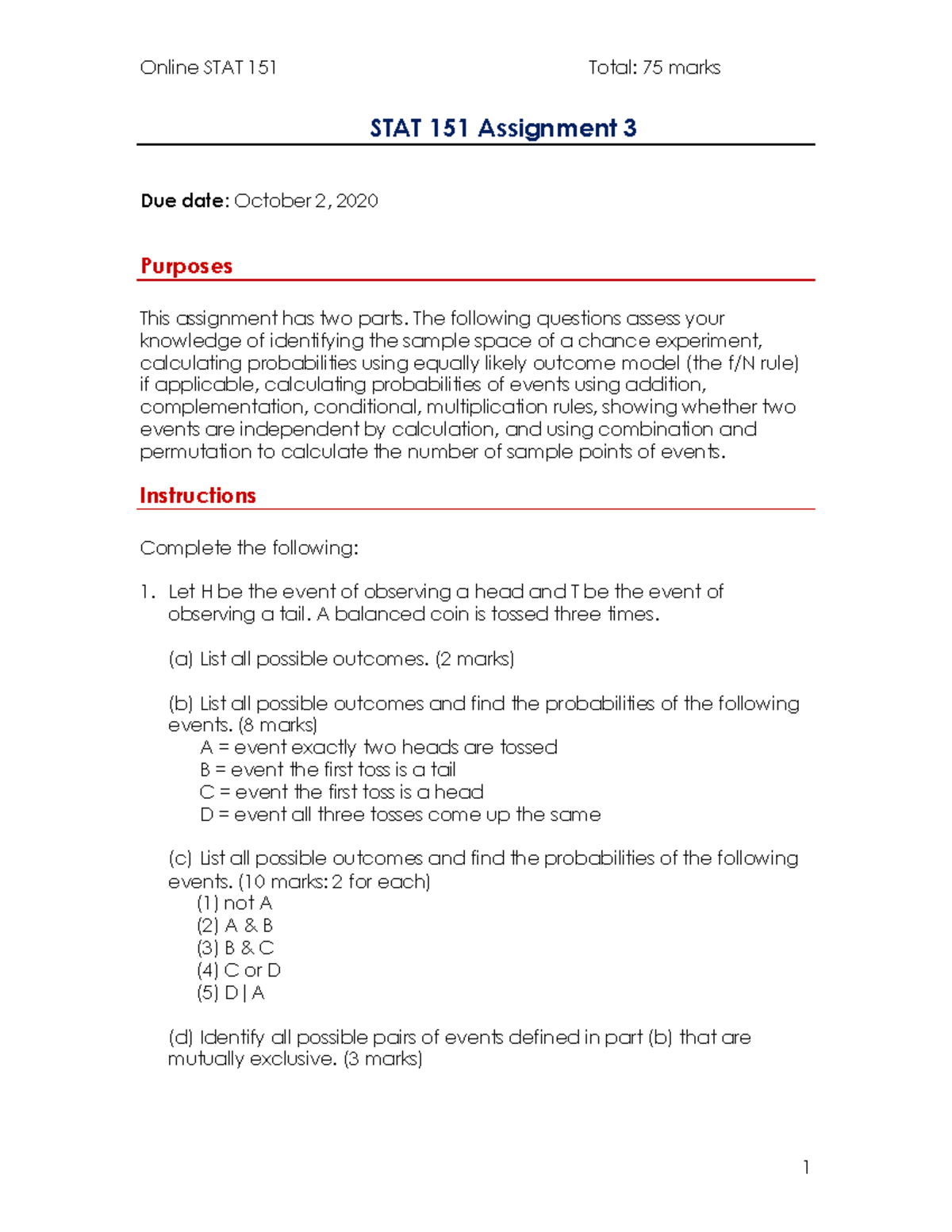 Stat151 Assignment 3 Stat 151 Assignment 3 Due Date October 2 2020 Purposes This Assignment