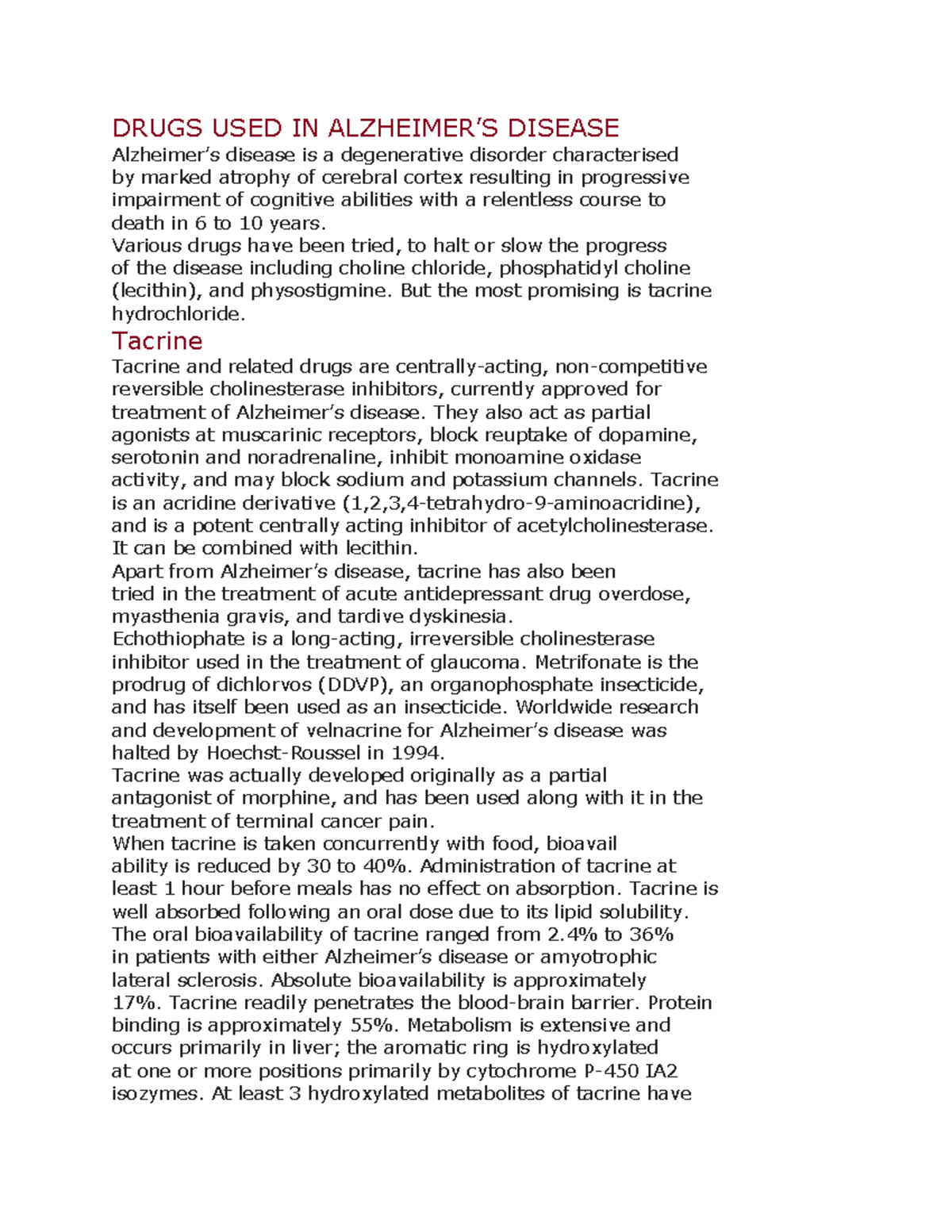 Drugs USED IN Alzheimer - DRUGS USED IN ALZHEIMER’S DISEASE Alzheimer’s ...