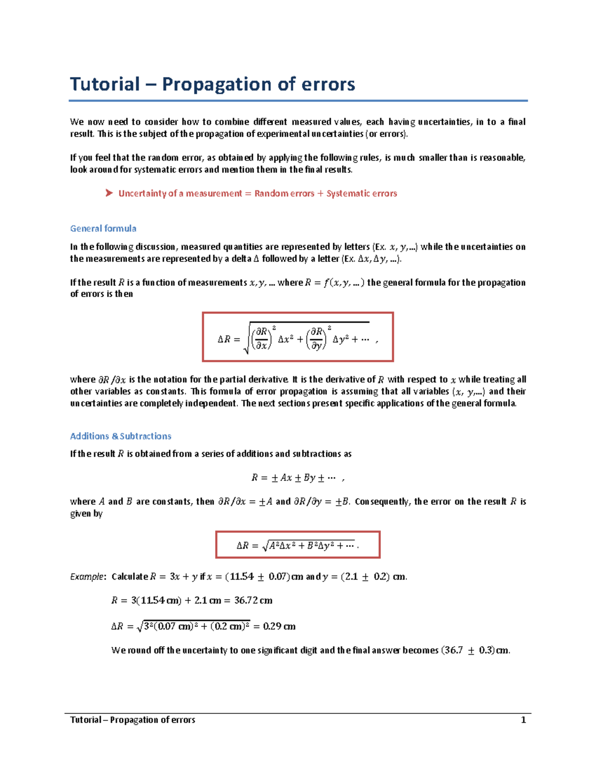 Propagation Of Errors Lab 0 Tutorial Propagation Of Errors 1