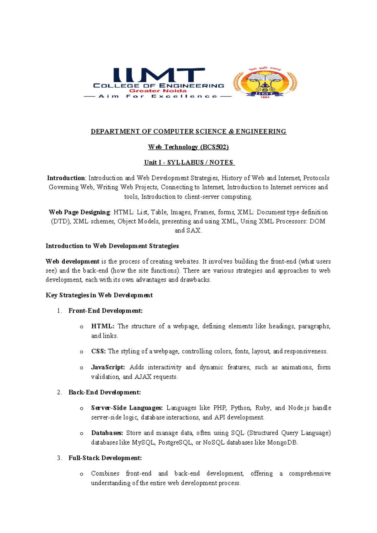 Wt Unit 1 Notes Department Of Computer Science And Engineering Web Technology Bcs502 Unit I