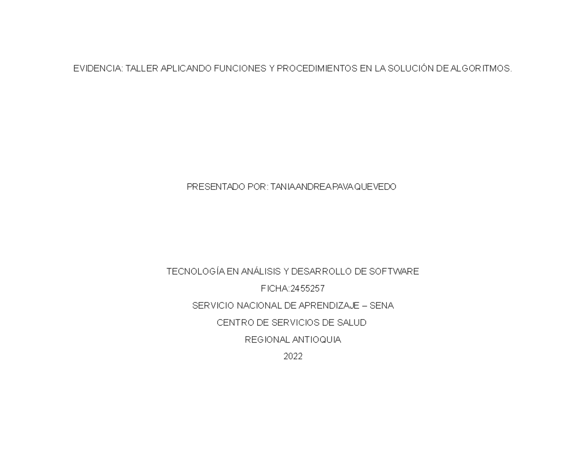 Taller aplicando funciones y procedimientos en la solución de ...