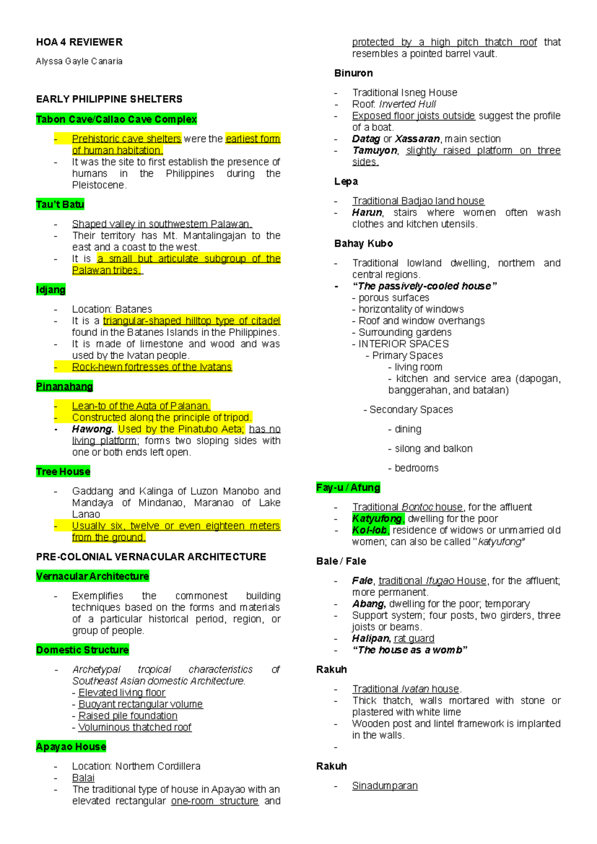 HOA 4 Reviewer - HOA 4 REVIEWER Alyssa Gayle Canaria EARLY PHILIPPINE ...