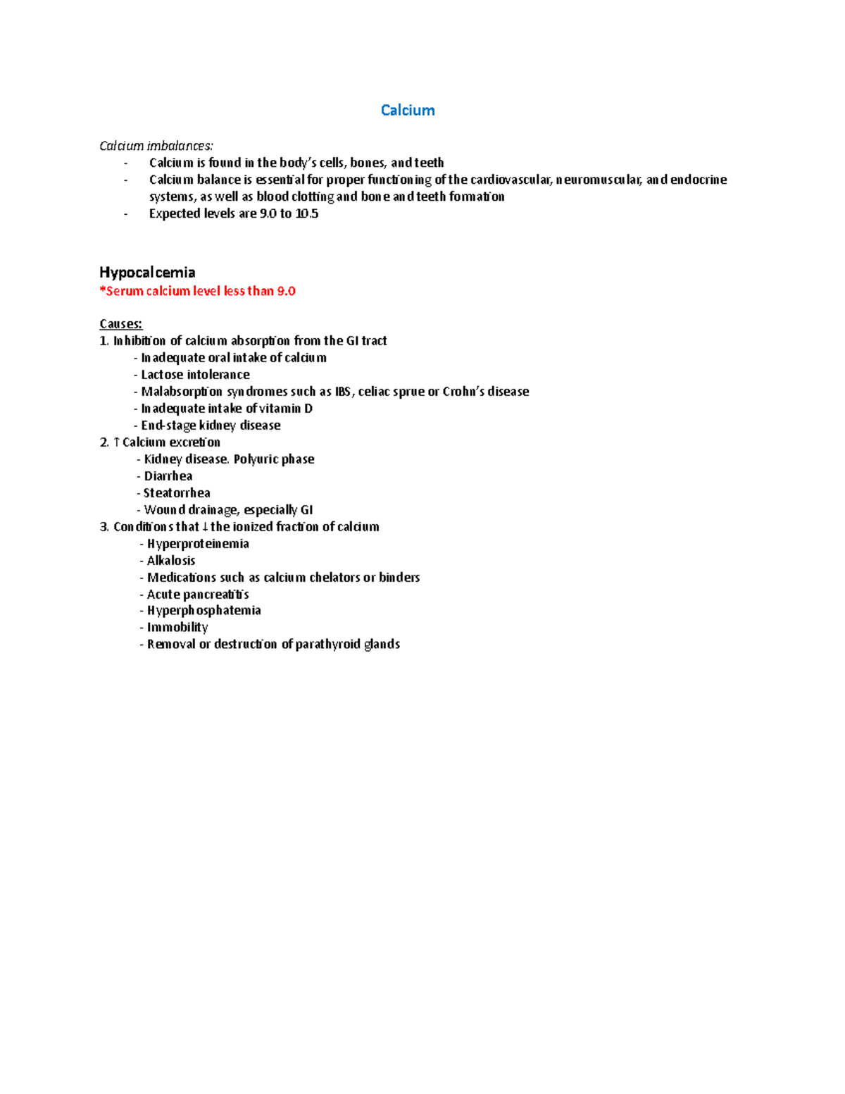 Calcium - Lecture notes 5 - Calcium Calcium imbalances: - Calcium is ...