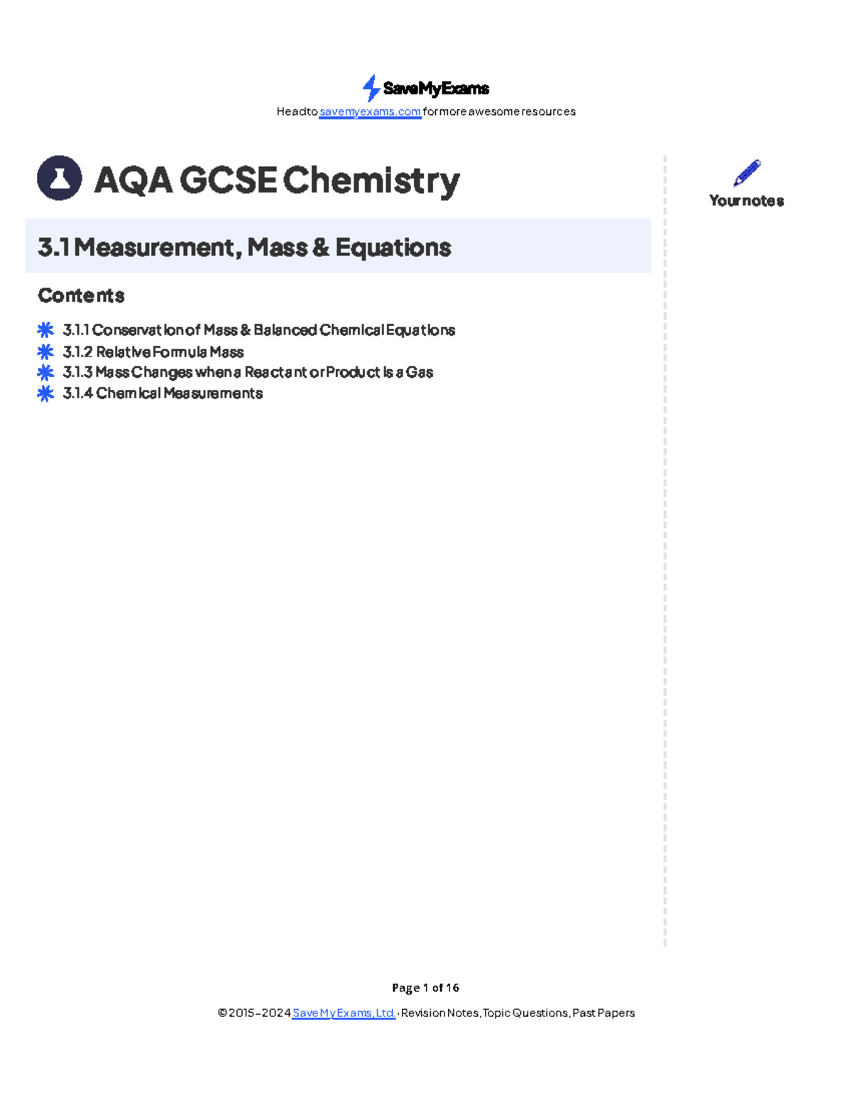 Topic 3 - Page 1 of 16 AQA GCSE Chemistry 3 Measurement, Mass ...