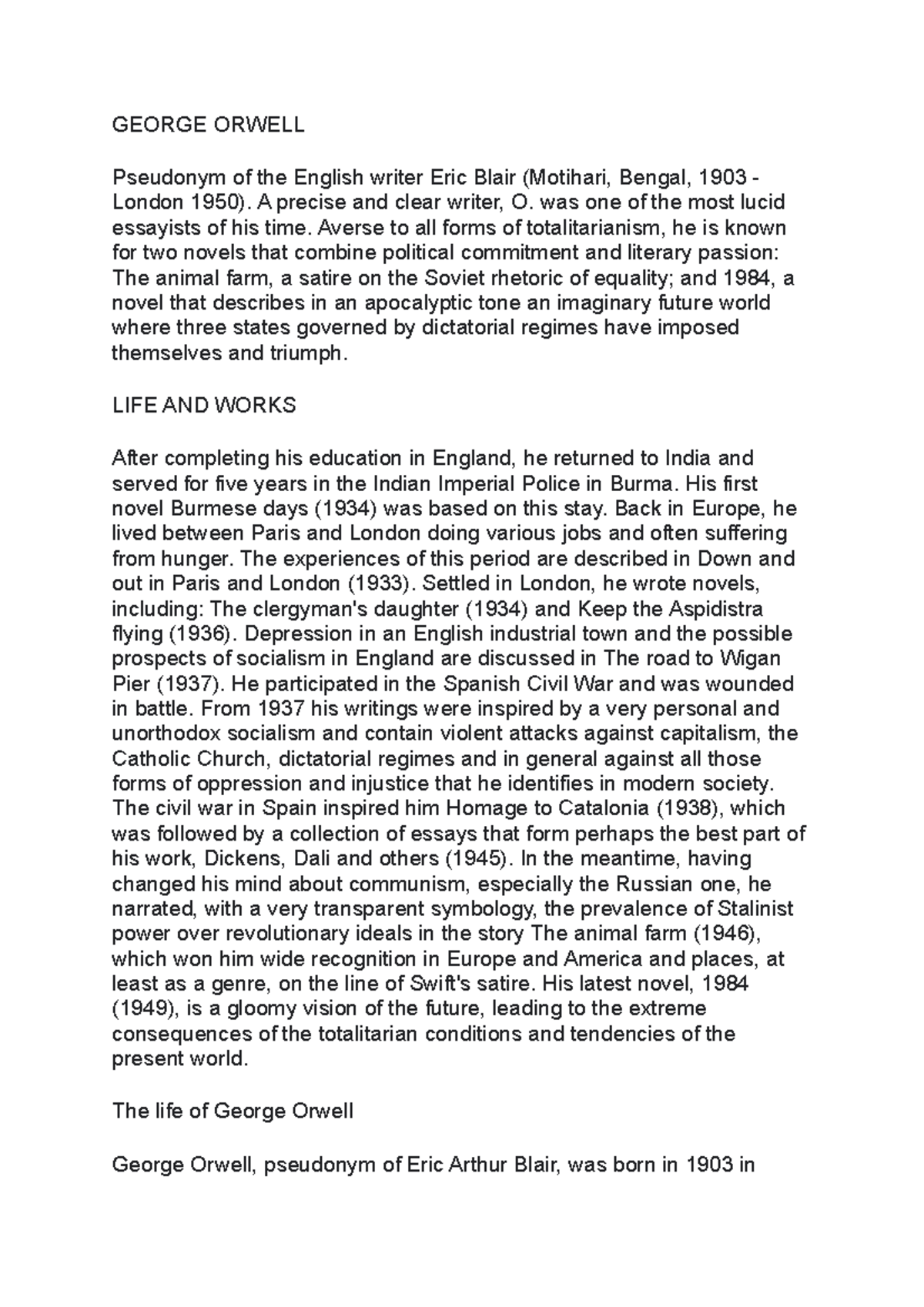 George Orwell - GEORGE ORWELL Pseudonym of the English writer Eric ...