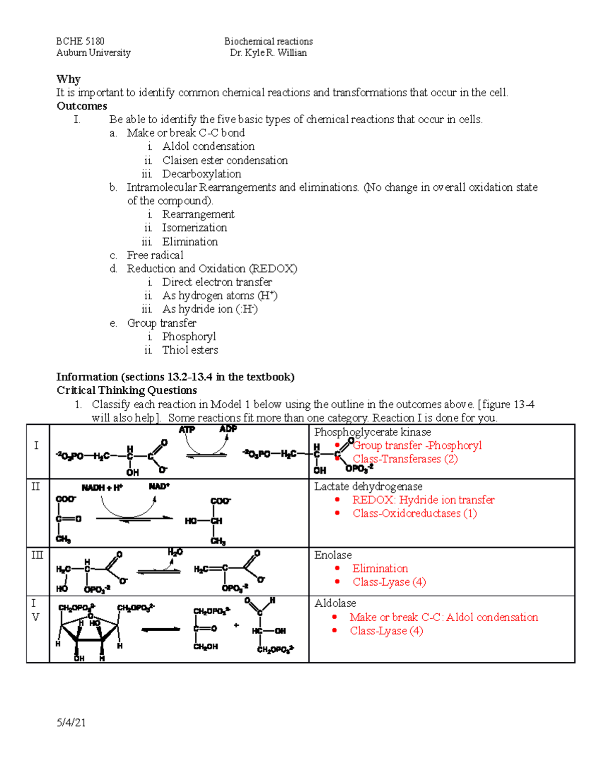 Biochemical reactions su2020 worksheet - Auburn University Dr. Kyle R ...
