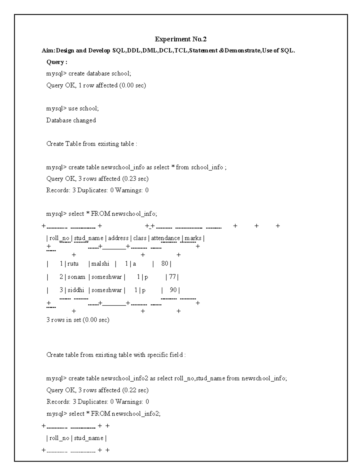 DBMS practical 123 - Database management system - Experiment No. Aim ...