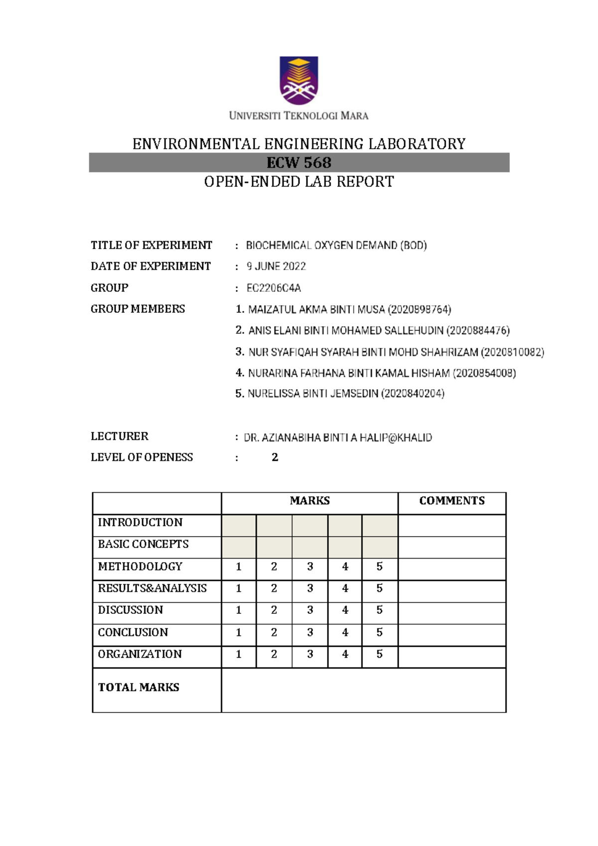6C4A BOD Report Maizatul AKMA MUSA - ENVIRONMENTAL ENGINEERING LABORATORY ECW 568 OPEN-ENDED LAB ...