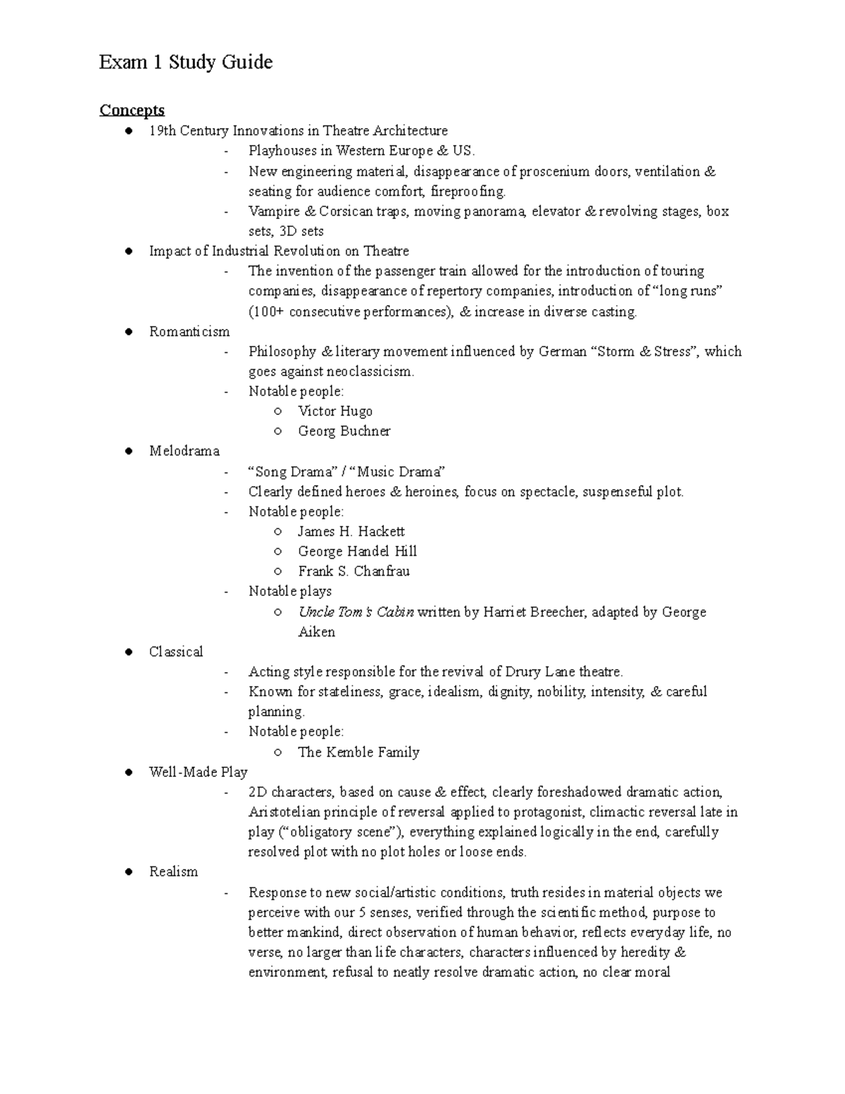 Exam 1 Study Guide - Theatre History II, Inga Meier - Concepts 19th ...