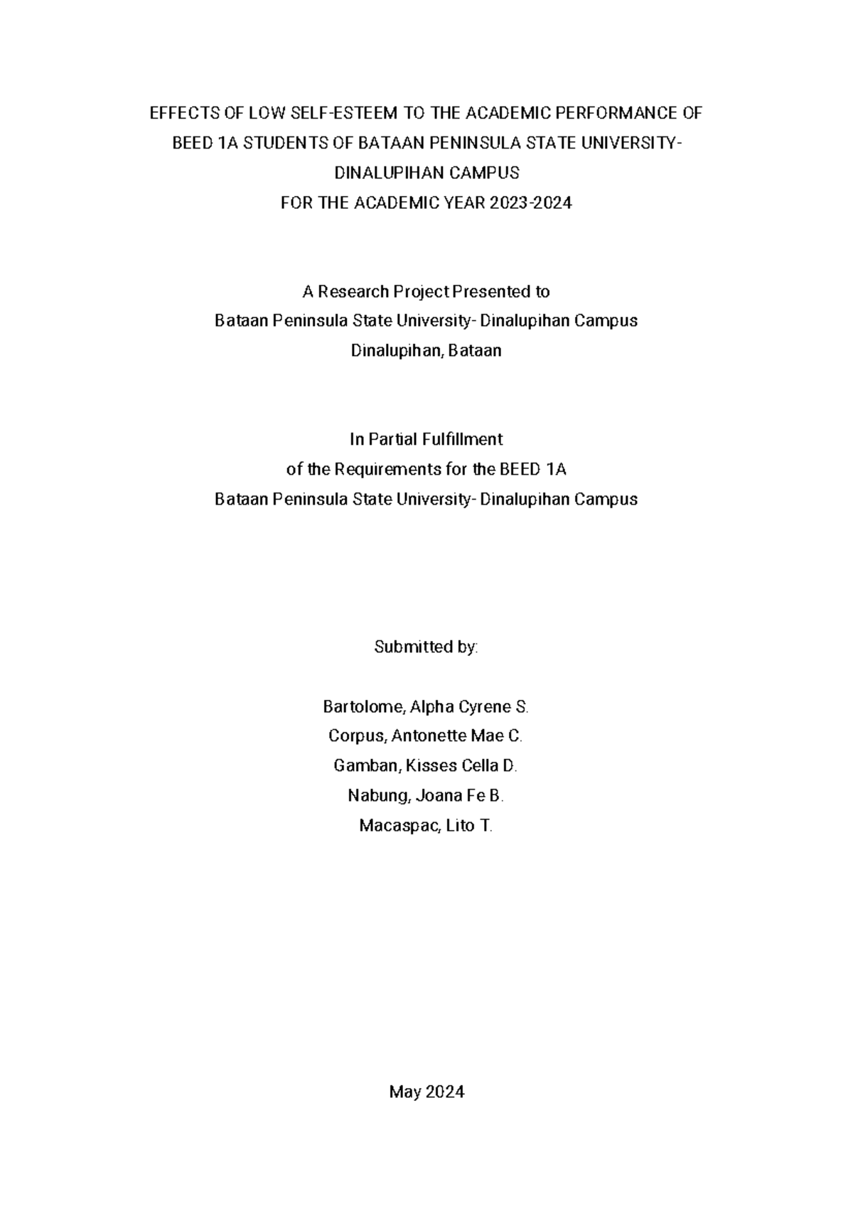 Group 7 BEED1A Effects OF LOW Selfesteem TO THE Academic Performance OF ...