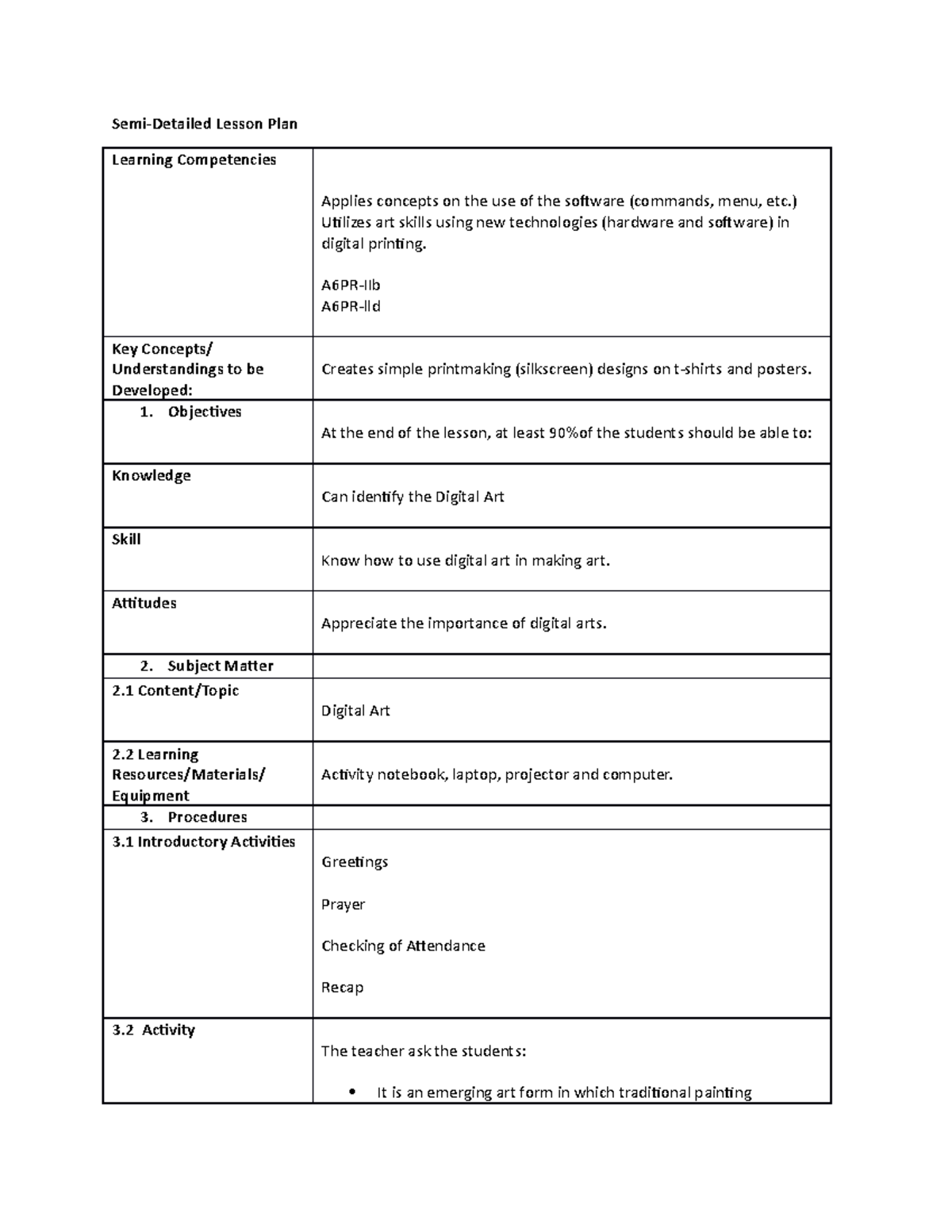 Semi-Detailed Lesson Plan 5 - Semi-Detailed Lesson Plan Learning ...