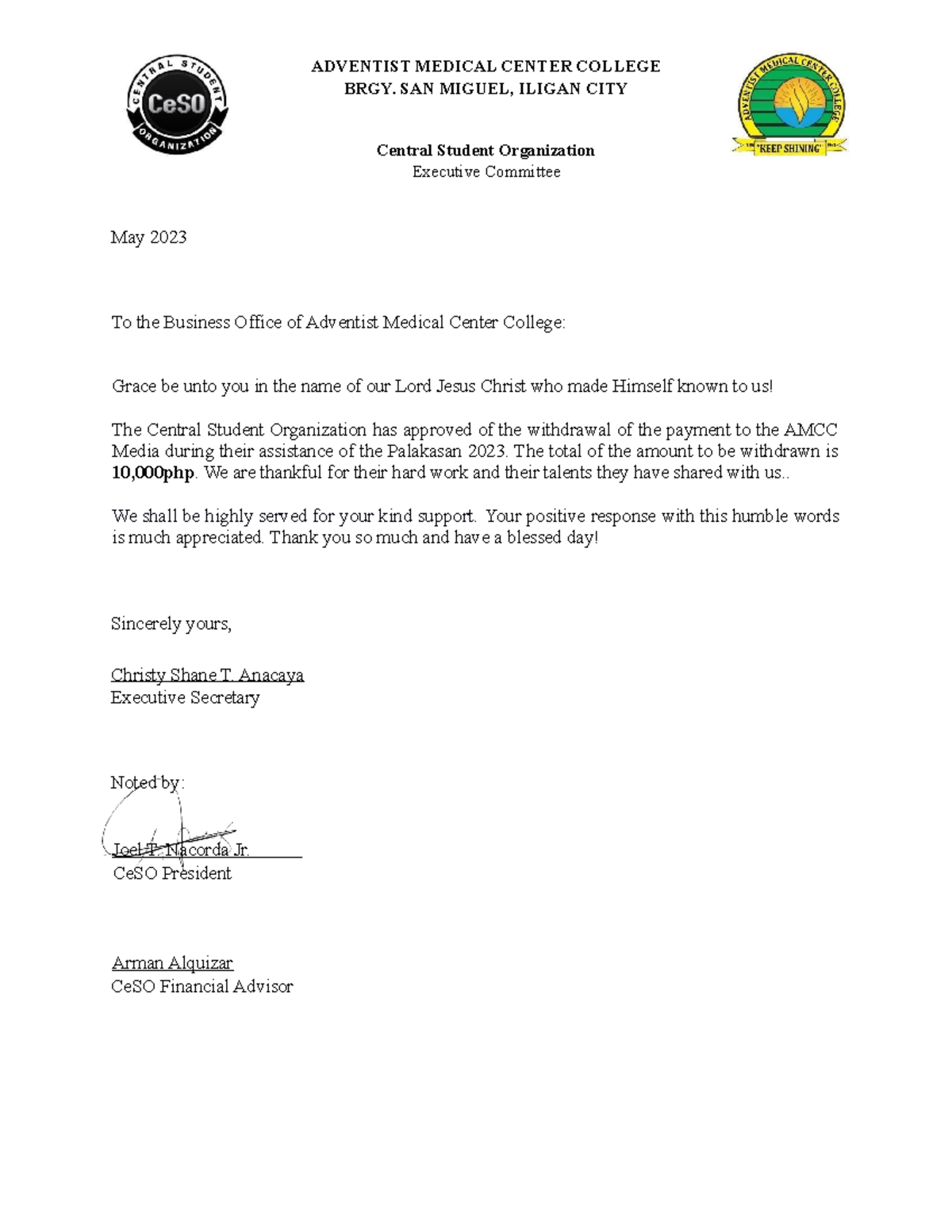 Request-Letter - sample letter - ADVENTIST MEDICAL CENTER COLLEGE BRGY ...