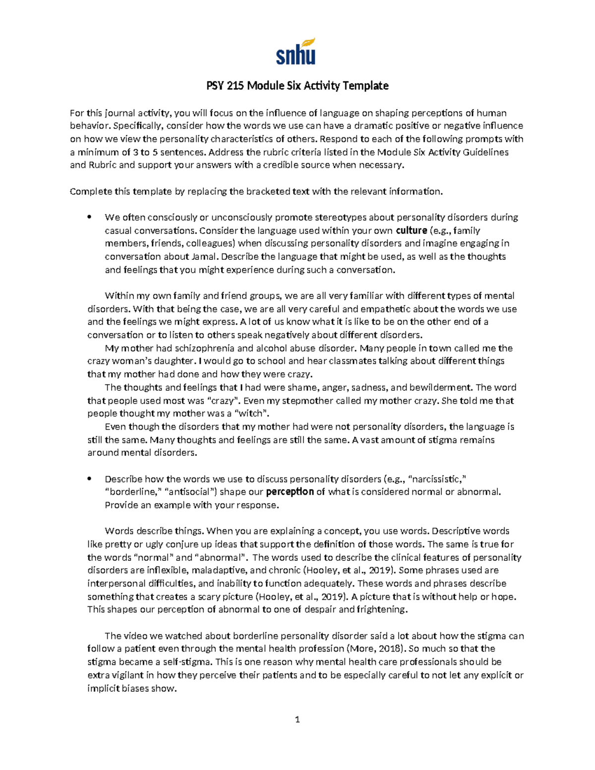 PSY 215 Module Six Activity Template - PSY 215 Module Six Activity ...