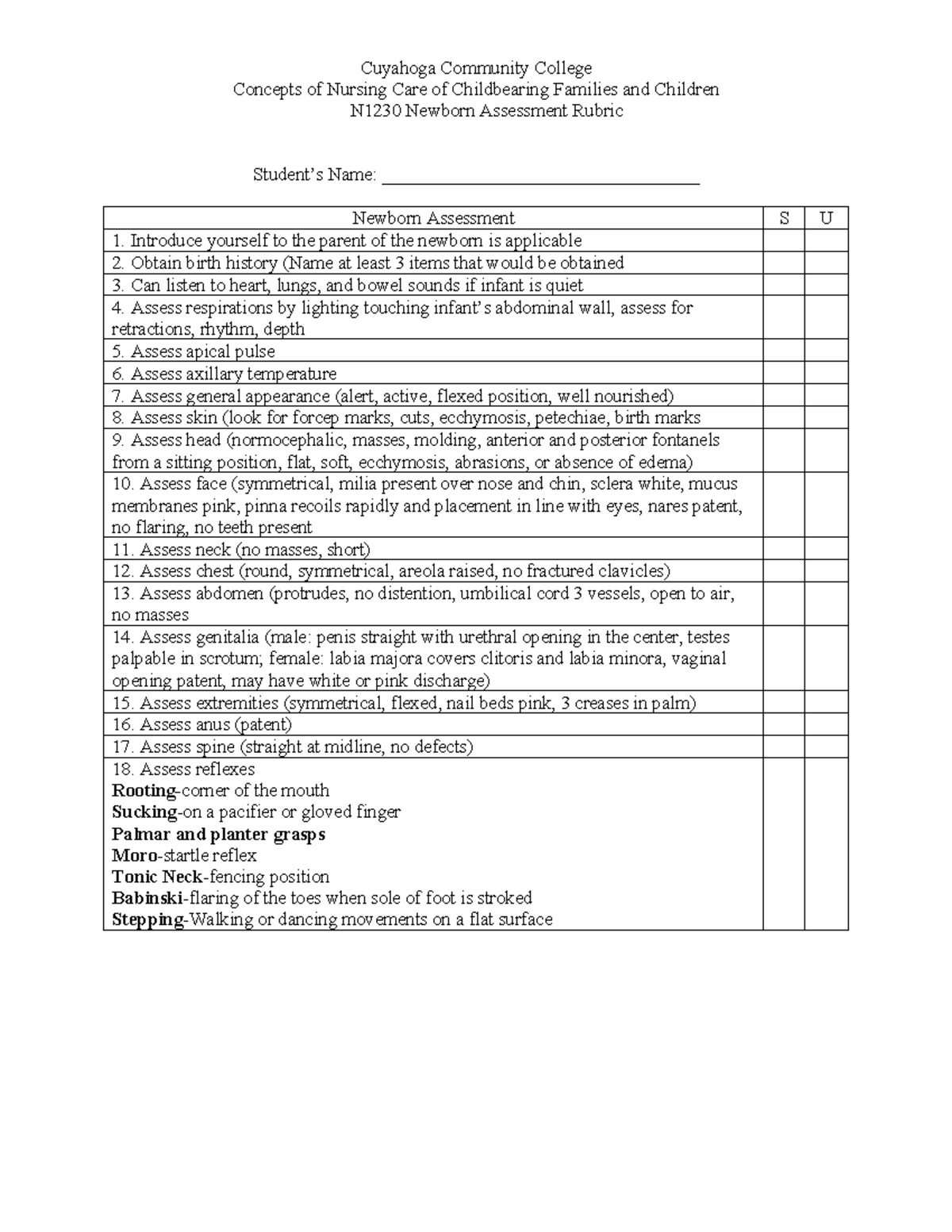 N1230 Newborn Assessment Return Demo Rubric - Tagged - Cuyahoga ...