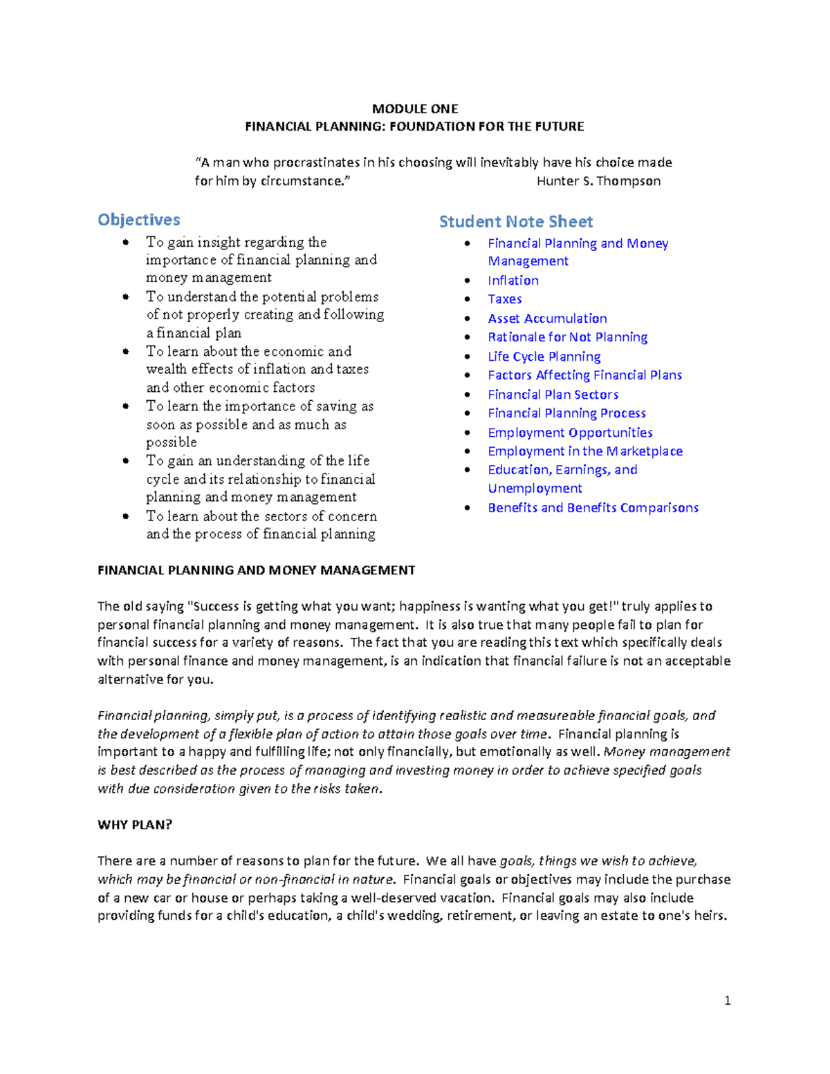 Module one. Financial planning: foundation for the future - MODULE ONE ...