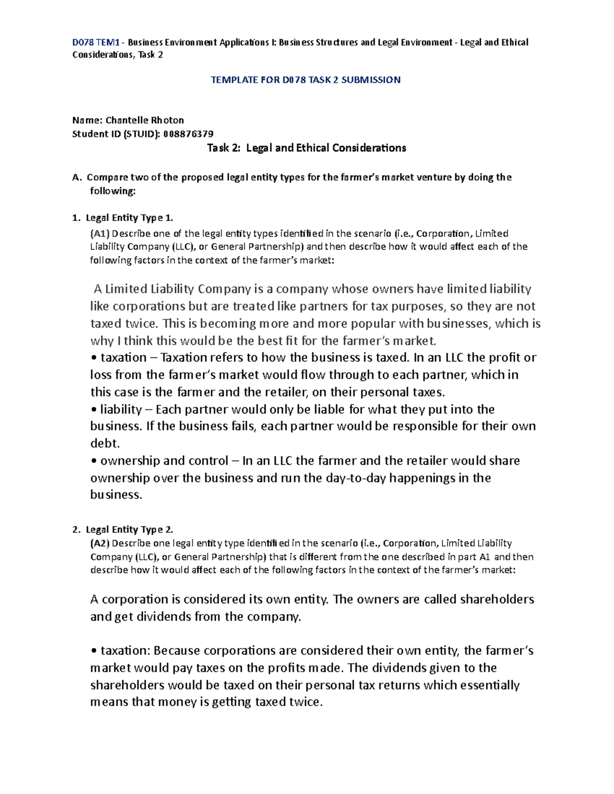 D078 Task 2 Template - D078 TEM1 - Business Environment Applications I ...