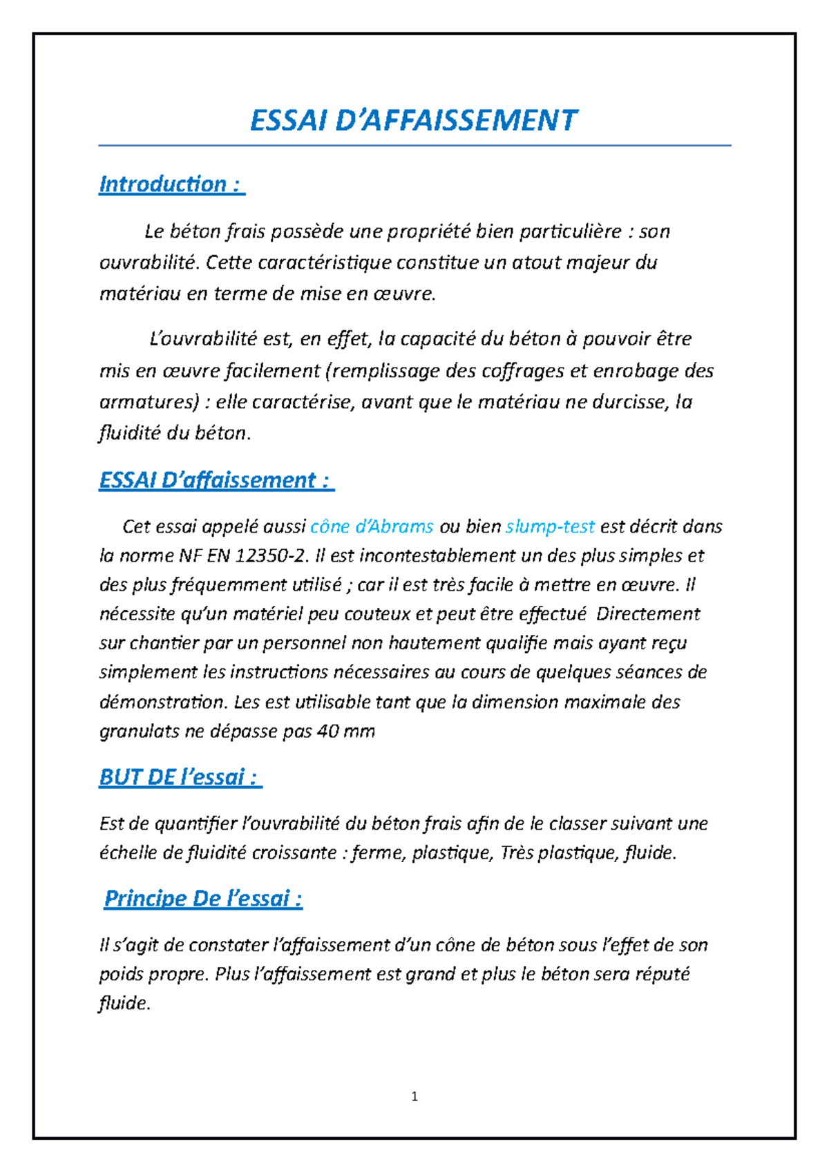 Essai D - ESSAI D’AFFAISSEMENT Introduction : Le béton frais possède ...