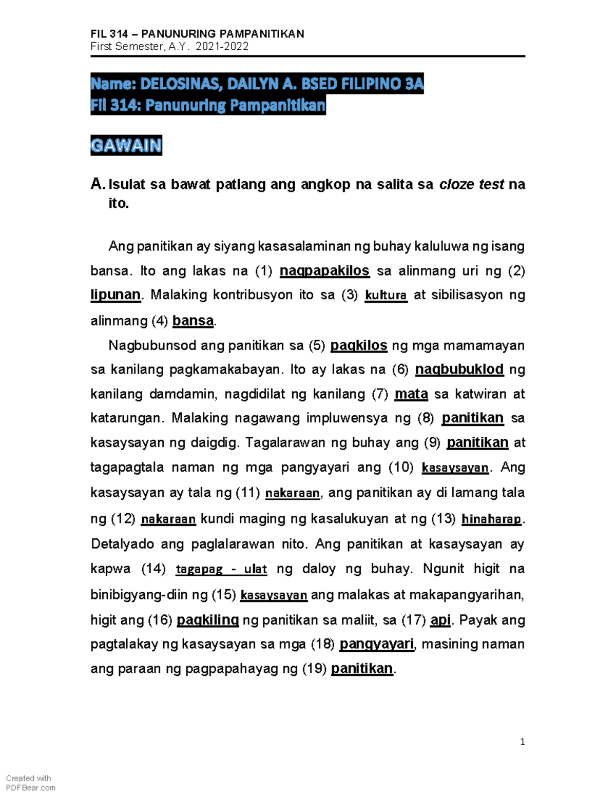 Activity FIL 314 ni Dailyn A. Delosinas BSED FIL 3A - First Semester, A. 2021- 1 A. Isulat sa ...